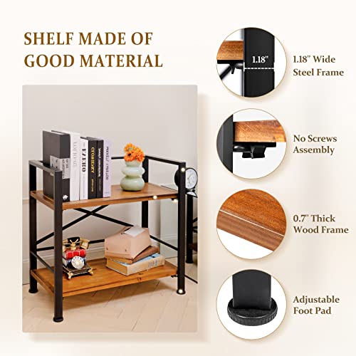 Crofy Rustic Bookshelf, 2 Tier Real Wood Bookshelf, Metal Book Shelf for Storage, Bookcase for Office Organization and Storage, 12.6 D x 23.62 W x 22.83 H Inches, Black
