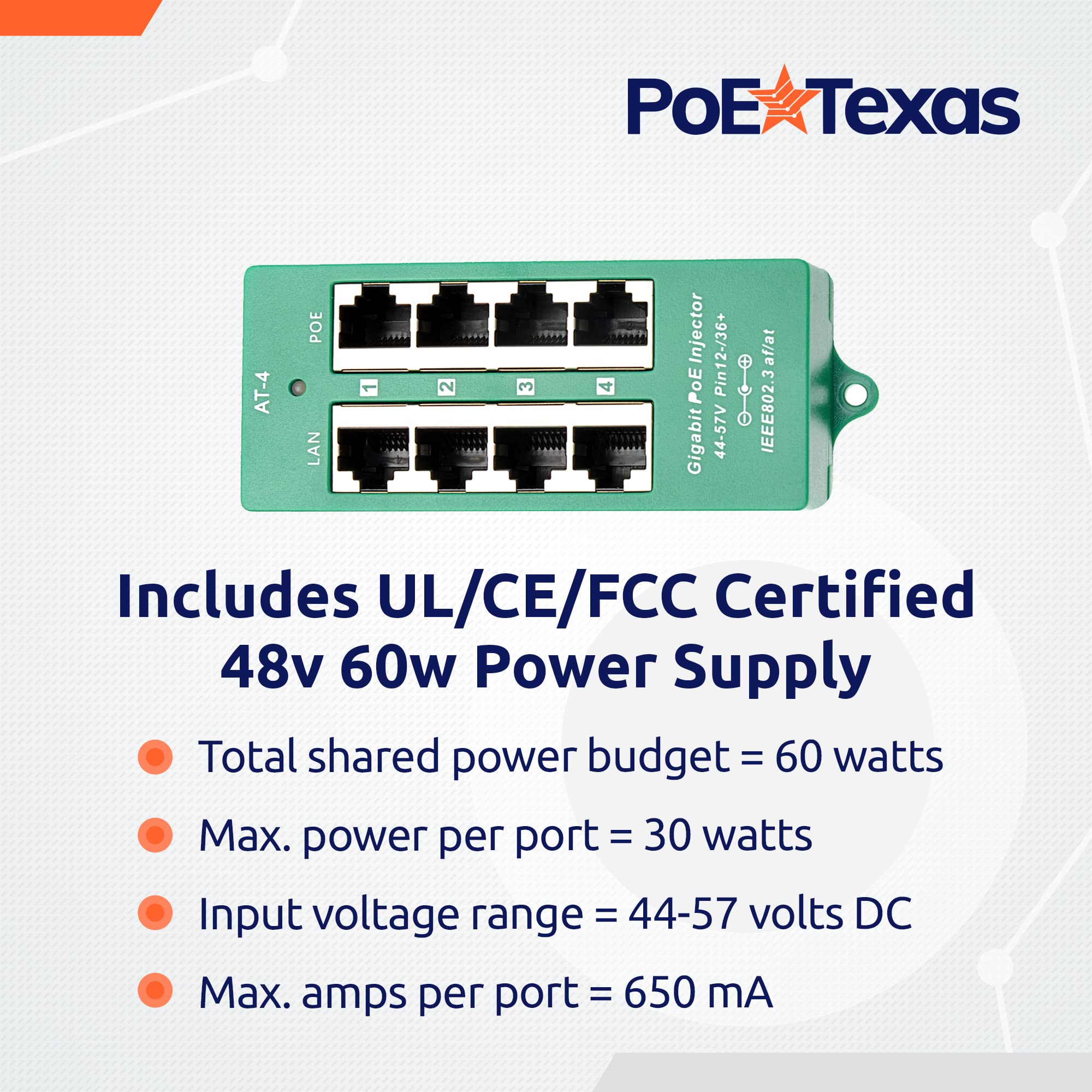 PoE Texas 4 Port PoE/PoE+ Injector with 48V 60W Power Supply - Gigabit Injector - Active Mode A Power Over Ethernet Multi Port PoE Adapter - Supports 4 PoE (802.3af or at) up to 60 watts