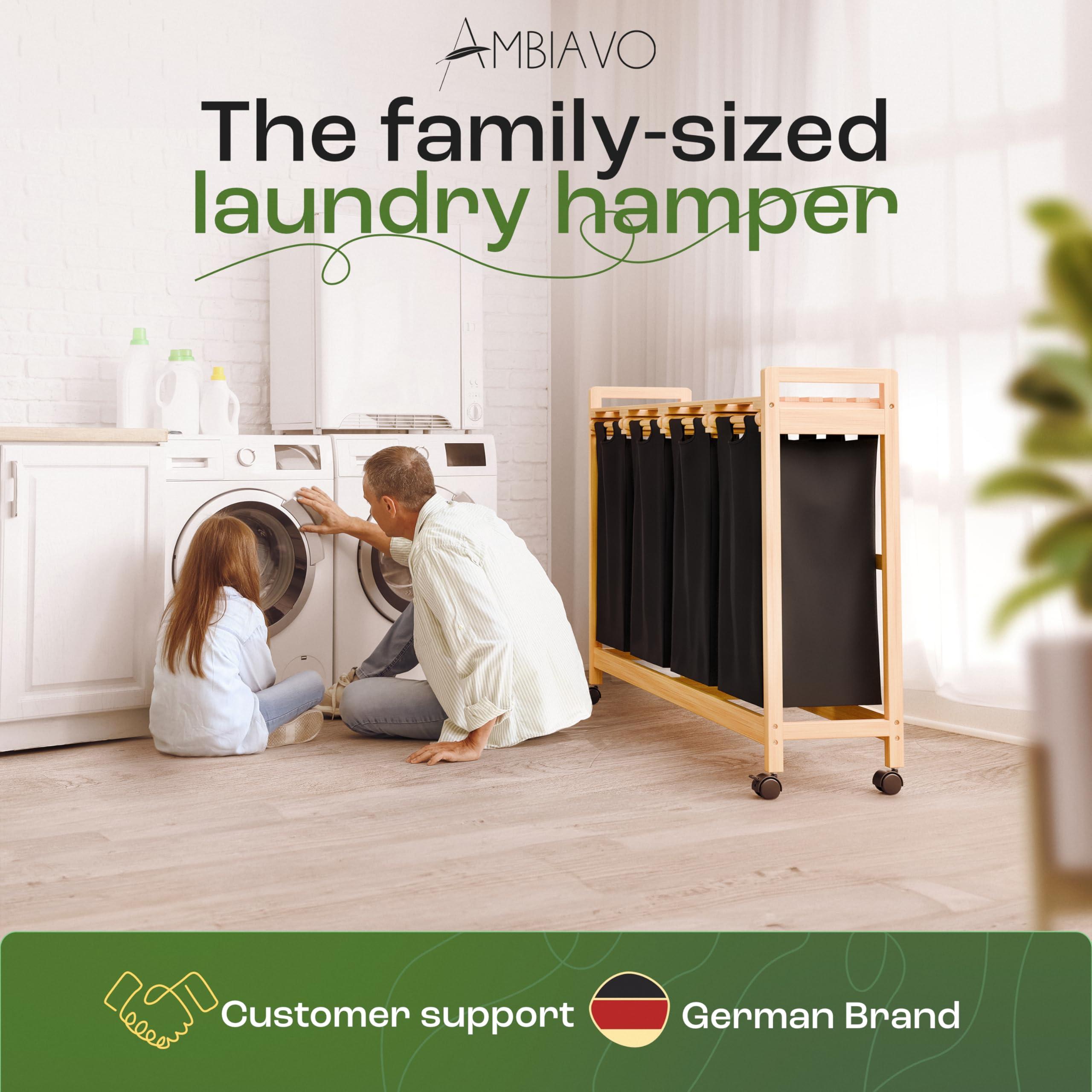 AMBIAVO Laundry Sorter with 4 Sections beige, Laundry Hamper with Removable Cotton Bags & Wheels โ Perfect Laundry Organizer - Eco-Friendly Rolling Laundry Basket โ Durable Bamboo and Stylish Design