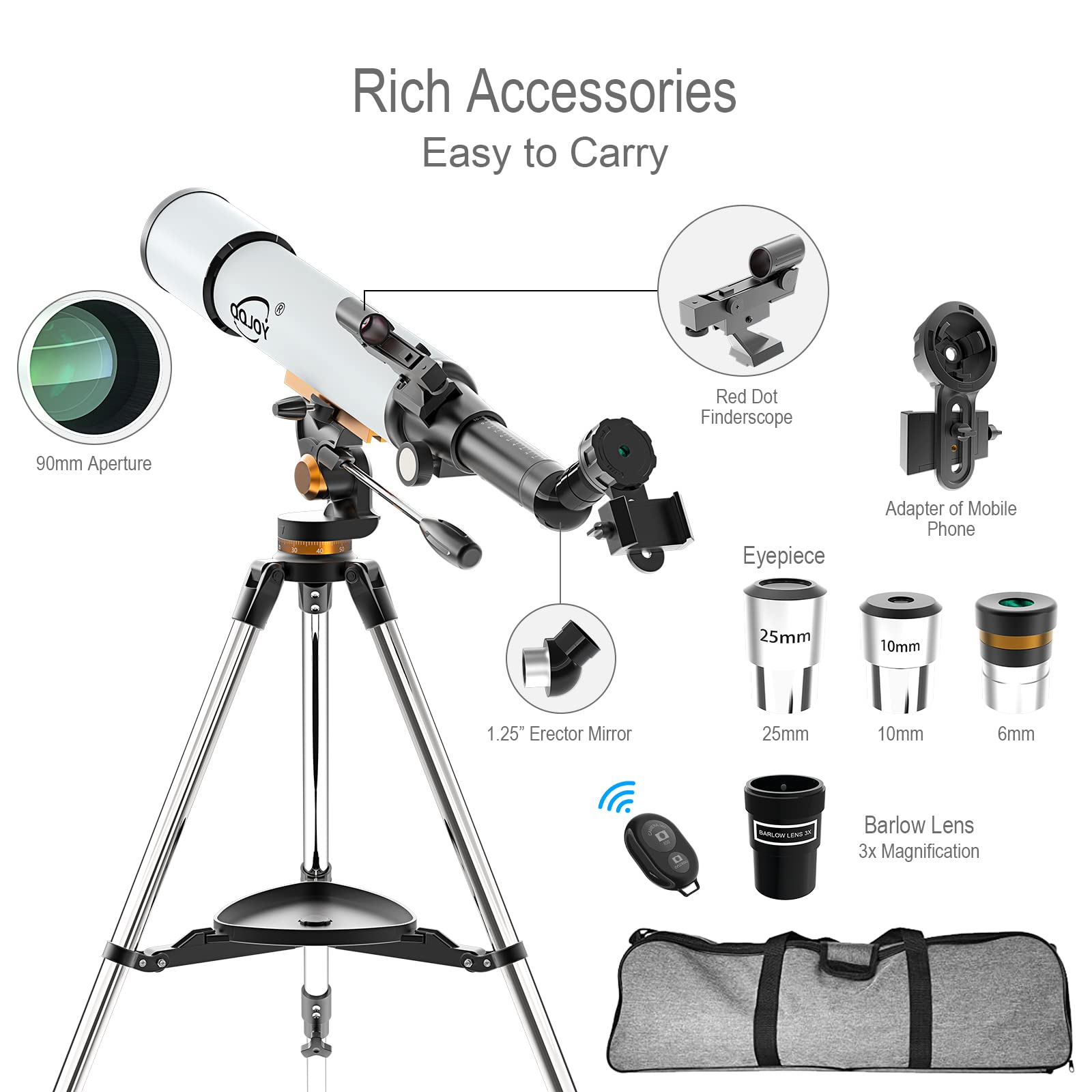 90mm Aperture Telescope for Adults High Powered, 600mm Refracting Multi-Coated Telescope for Adults Astronomy & Kids & Beginners (24X-300X) with Tripod,Carrying Case,Barlow,Phone Adapter