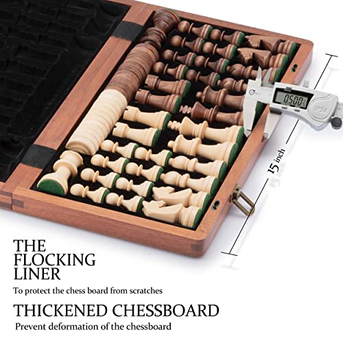 A&A 15 inch Wooden Folding Chess & Checkers Set w/ 3 inch King Height Staunton Chess Pieces - Mahogany Box w/Mahogany & Maple Inlay
