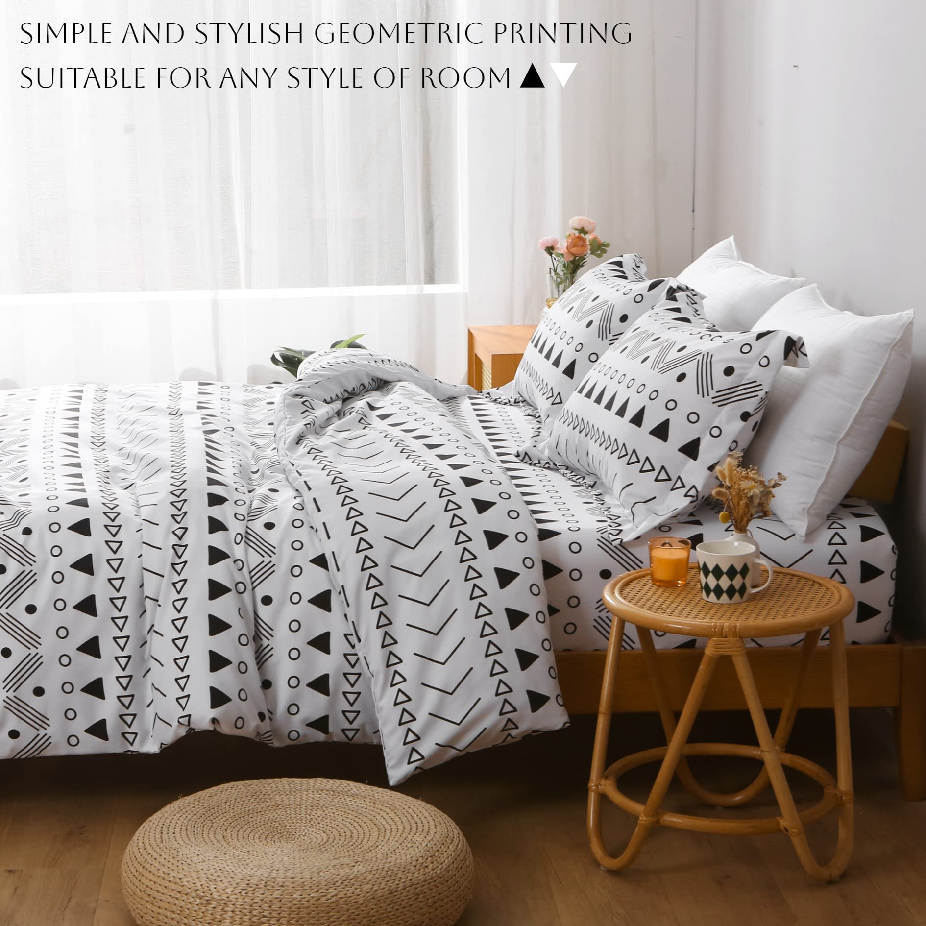 FULTEMPS Microfiber Boho Duvet Cover Set Modern Herringbone Stripe Plaid Dot Bedding Sets Bohemian Bedding Collection - 1 Duvet Cover & Pillowcase (Black, Queen (U.S. Standard))