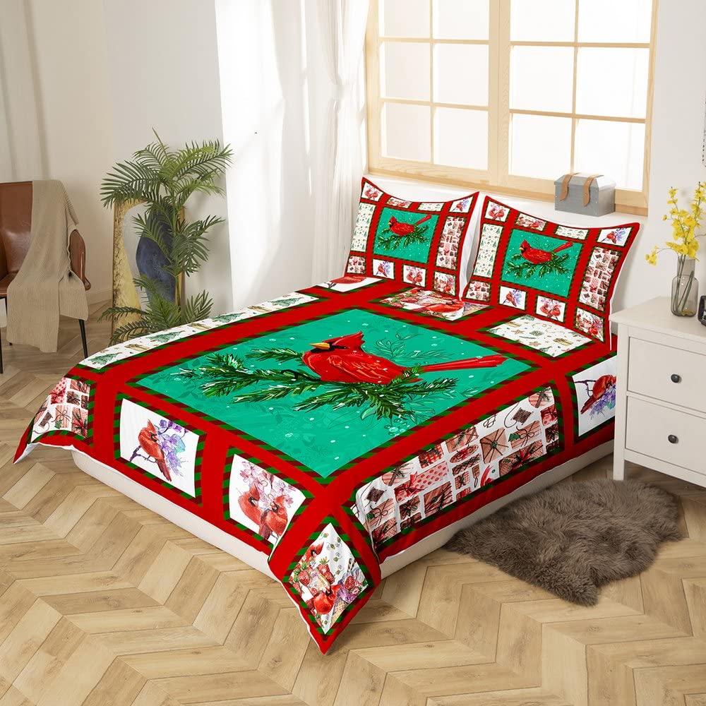 Erosebridal Cardinals Birds Duvet Cover Red Cardinal Bedding Set for Kids Child,Green Pine Tree Branches Comforter Cover Cute Bird Animal Bed Sets Patchwork Style Bedroom Decor Twin Size