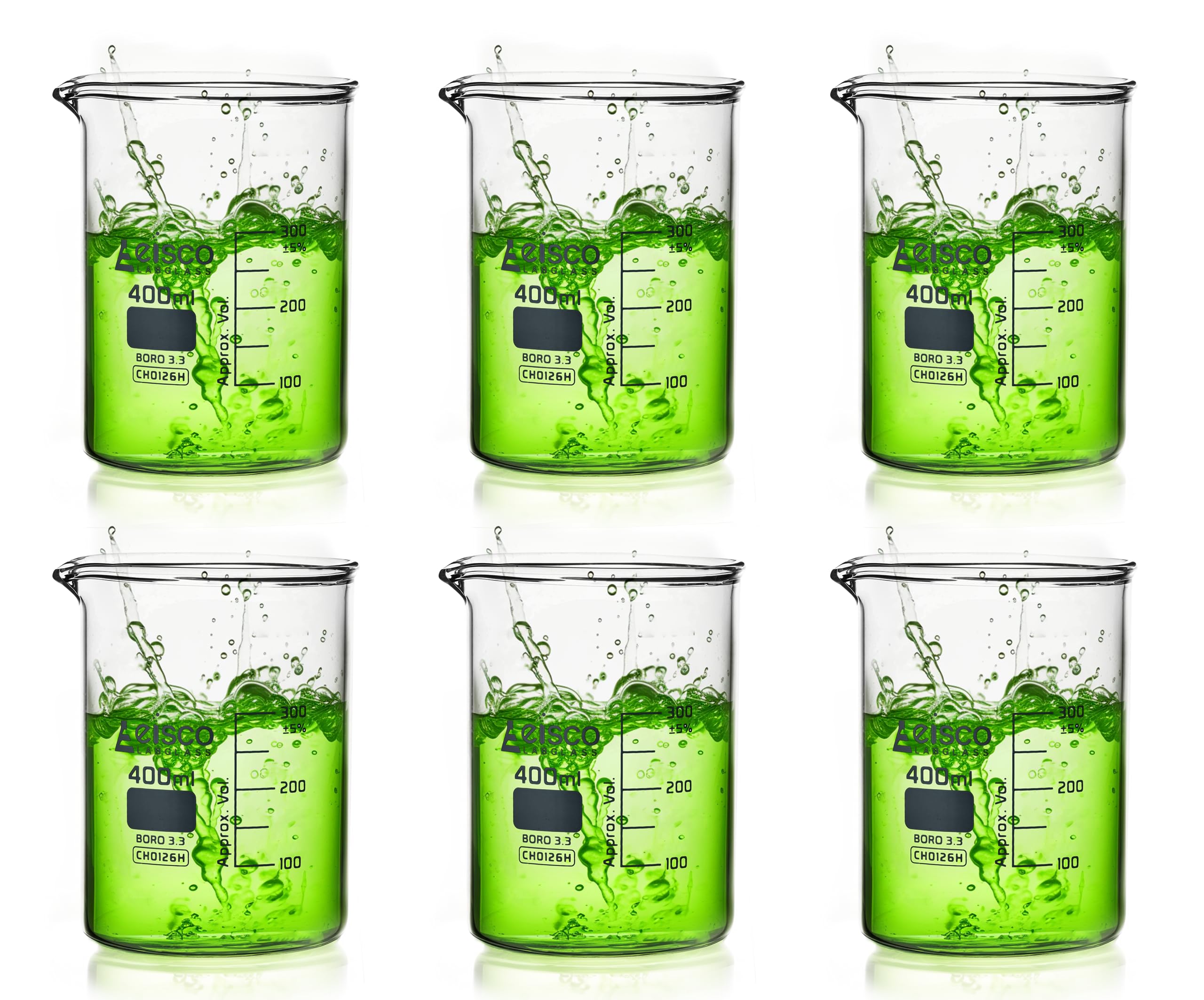 EISCO 6PK Beakers, 400ml - Griffin Style, Low Form with Spout - White, 50ml Graduations - Borosilicate 3.3 Glass