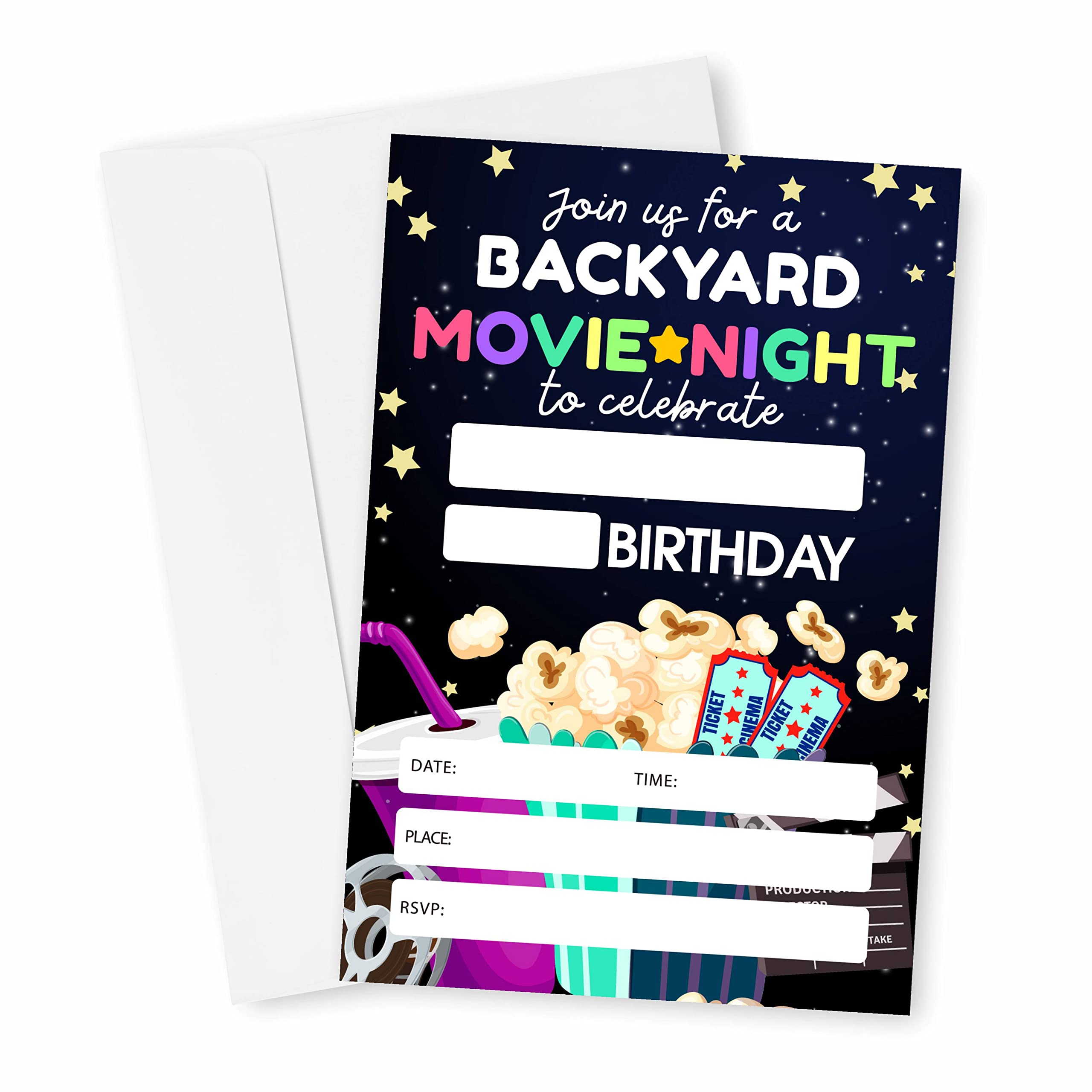 Backyard Movie Night Birthday Invitations, Outdoor Movie Birthday Party Invites Decorations, Kids Adults Birthday Party and Events Supplies, 20 Fill-in Invites Cards with Matching Envelopesļ¼YQK-027ļ¼
