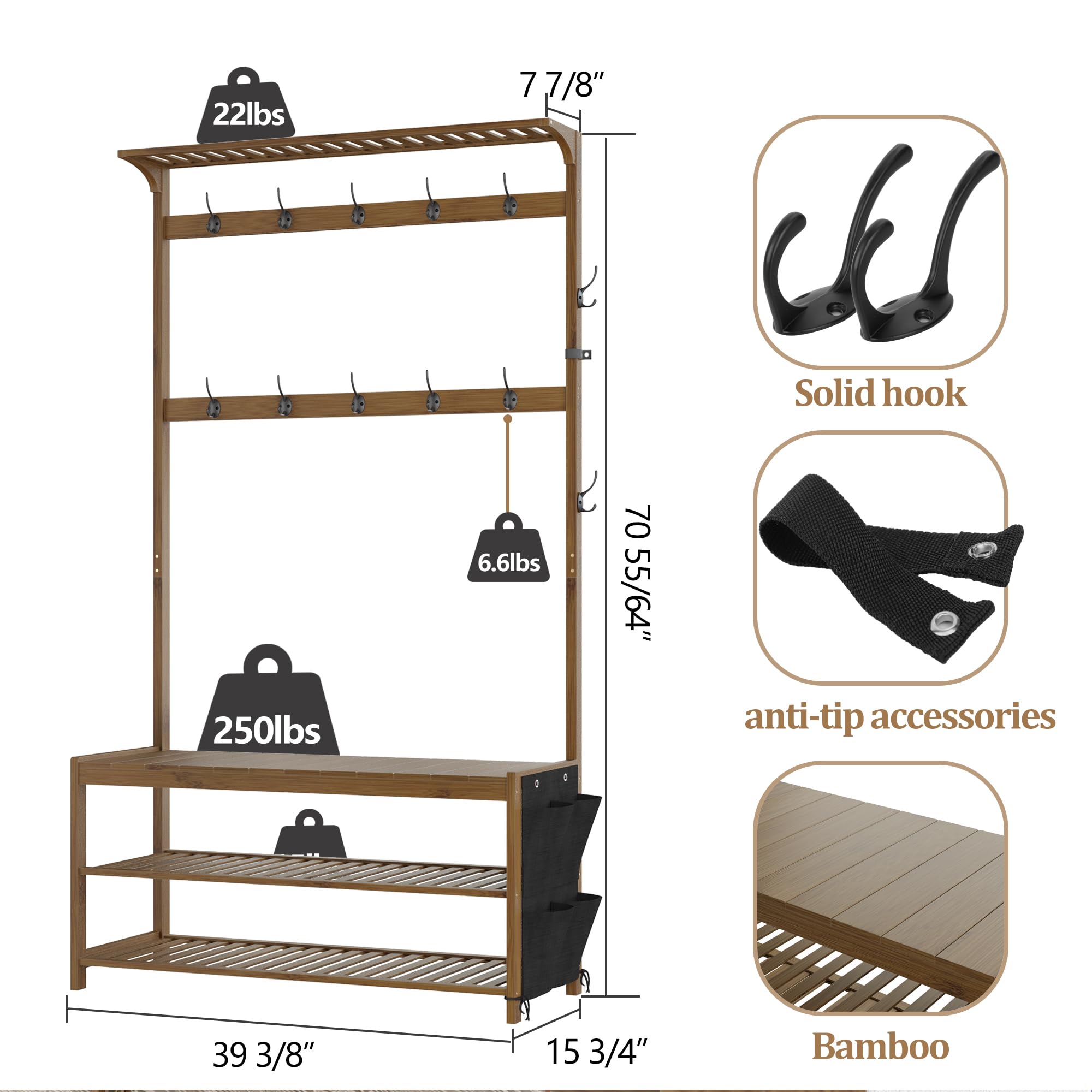 AMBIRD Hall Tree with Shoe Bench Entryway Bench with Coat Rack 6-in-1 Coat Rack Shoe Bench with Cloth Bag Storage Bench with 16 Coat Hooks, Sturdy Bamboo Frame, Large Size, Brown 46 * 15 * 70 Inches
