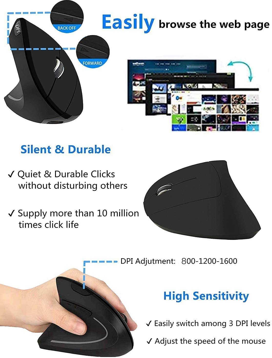 BeWishes Ergonomic Mouse Left Hand, 2.4G Left-Handed Wireless Vertical Mouse Ergonomic Mice, 3 Adjustable DPI (800/1200/1600), Specially for Left-handers