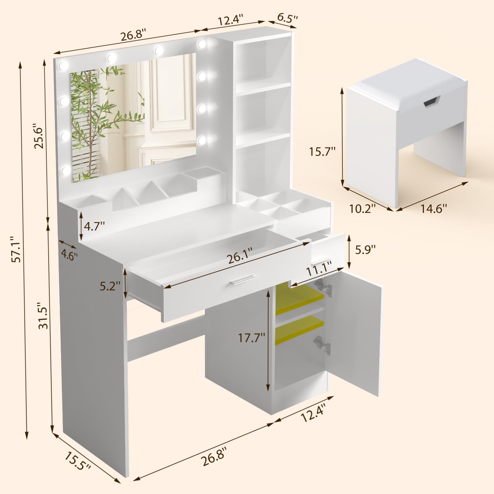 HAIOOU Vanity Desk with Mirror and Lights, White Makeup Vanity with Charging Station, Modern Dressing Table Chair Set with 2 Storage Drawers, 3 Lighting Modes Adjustable Brightness for Bedroom