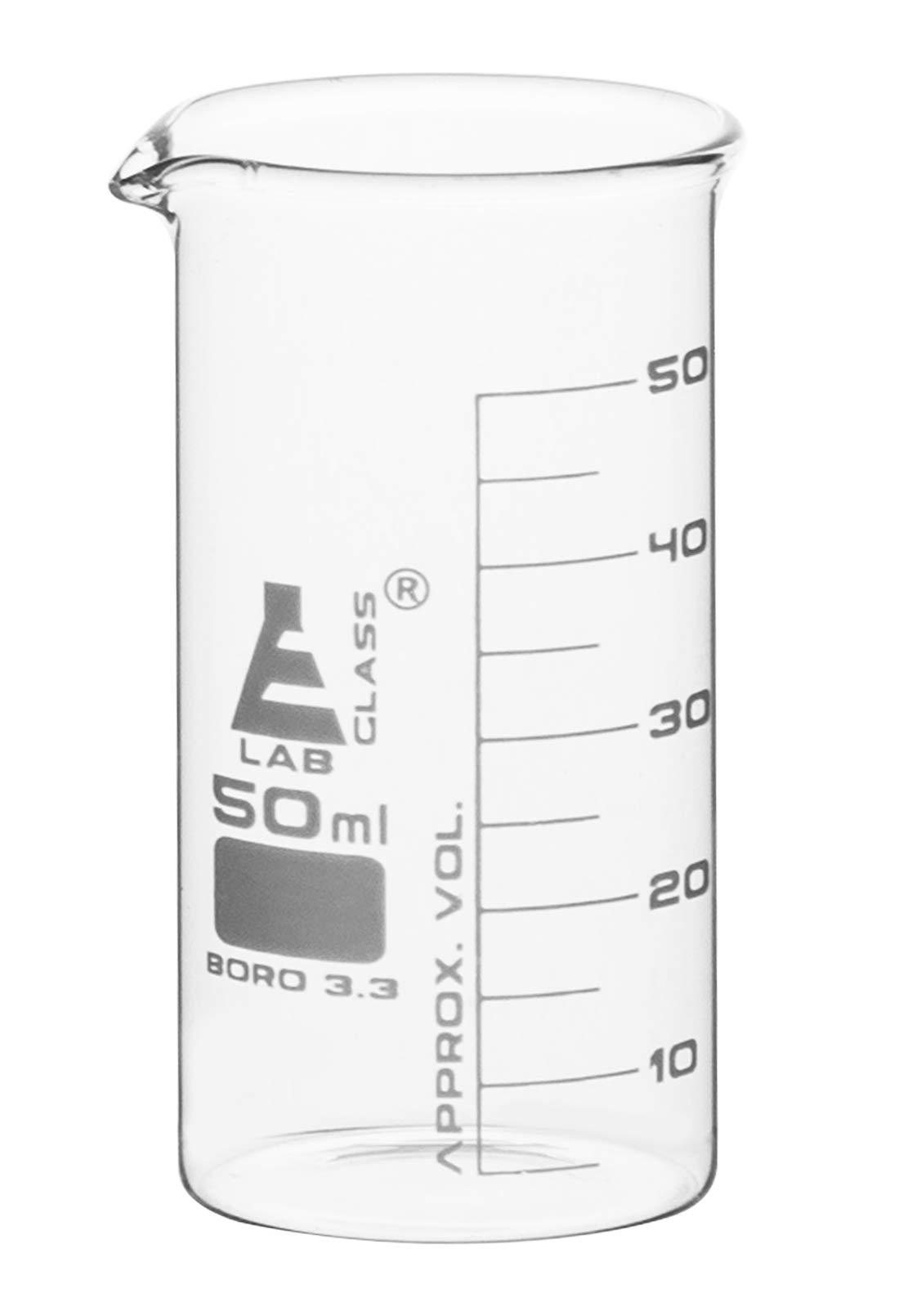 EISCO Beaker, 50ml - Tall Form with Spout - White, 5ml Graduations - Borosilicate 3.3 Glass