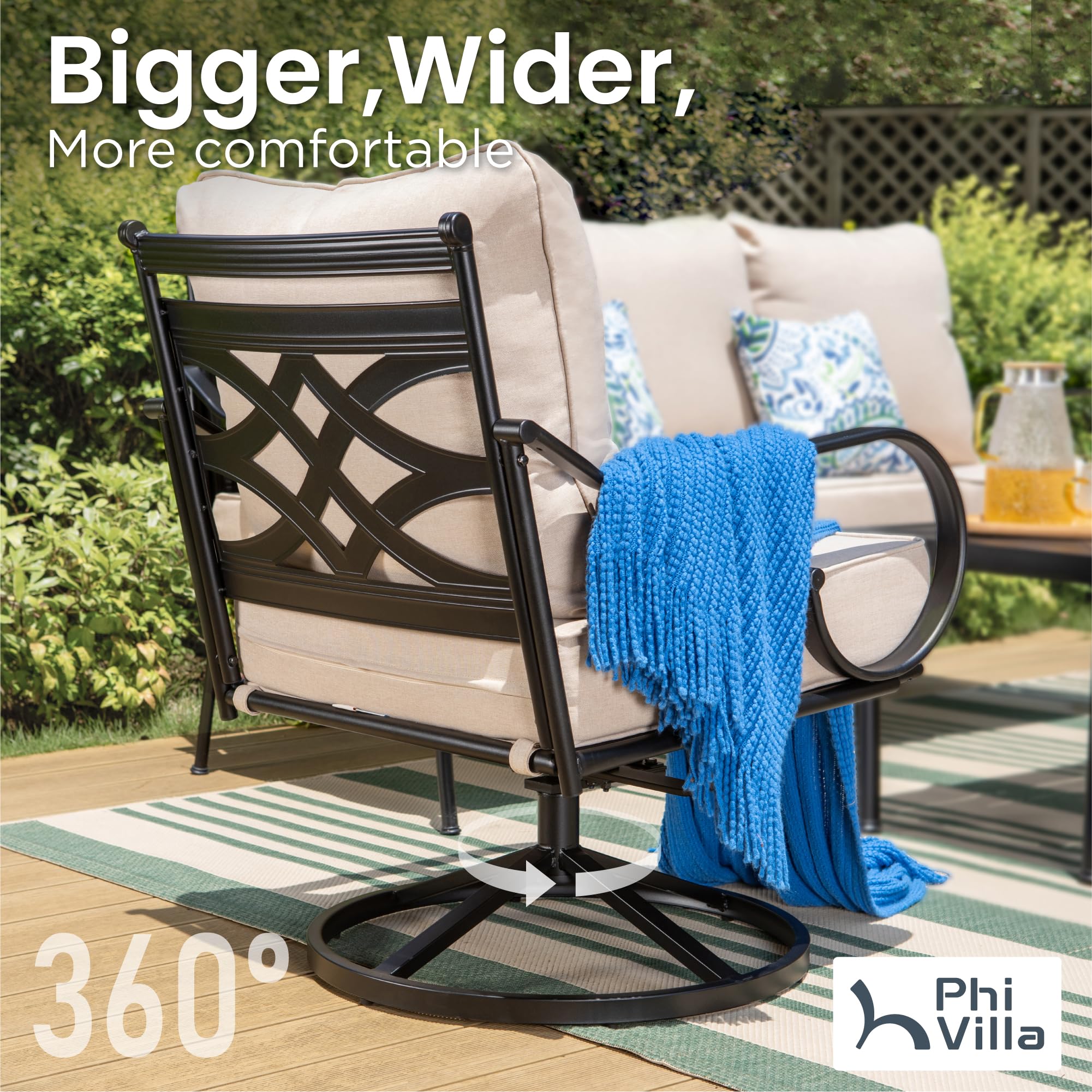 PHI VILLA Metal Patio Outdoor Furniture Sets,Large Heavy Duty Patio Conversation Sets for Backyard, Porch and Garden(Beige, 6 pcs w/Table)