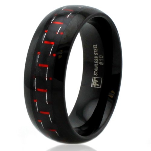 8mm Black Stainless Steel Ring with Red Carbon Fiber Inlay - Size 11