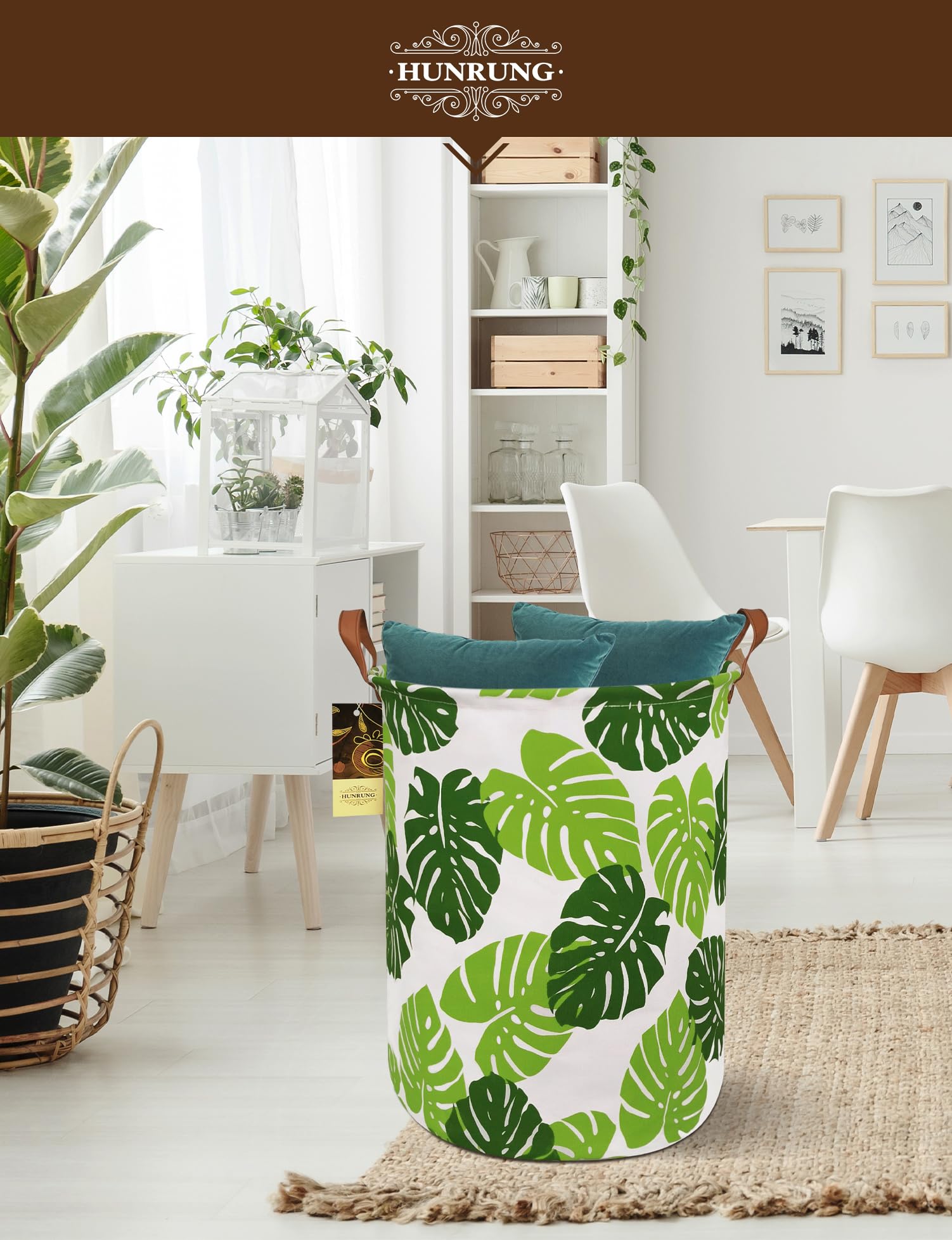 HUNRUNG Laundry Hamper,Large Canvas Fabric Lightweight Storage Basket Toy Organizer Dirty Clothes Collapsible Waterproof for College Dorms, Children Bedroom,Bathroom (Round Leaf)