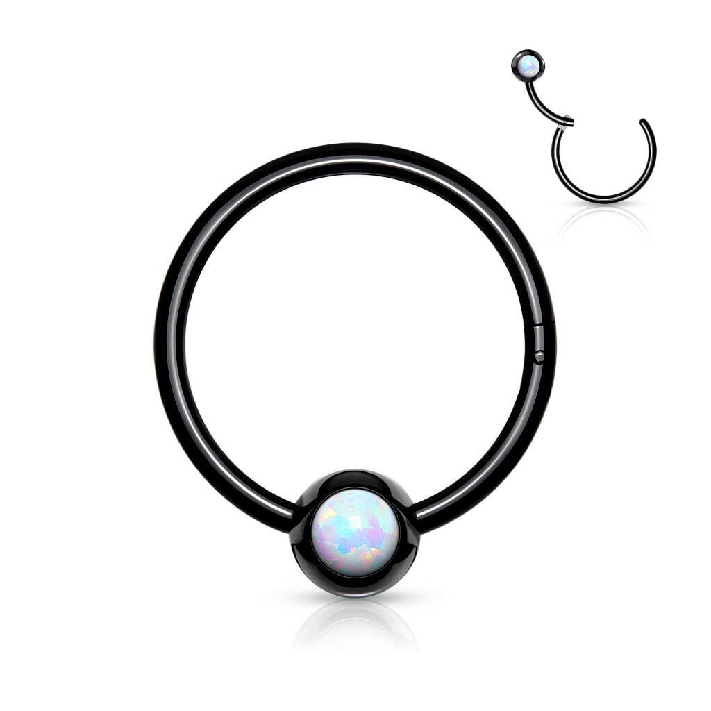 8mm Opal Set Ball Surgical Steel Hinge Hoop Segment Ring Nose Septum Ear Cartilage 18G - Black/Opal White