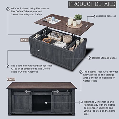SinCiDo 48β Lift Top Coffee Table, Coffee Table with Storage & Sliding Groove Barn Door, Farmhouse Coffee Table Rustic Wood Cocktail Table w/Double Storage Spaces for Living Room, Dark Grey