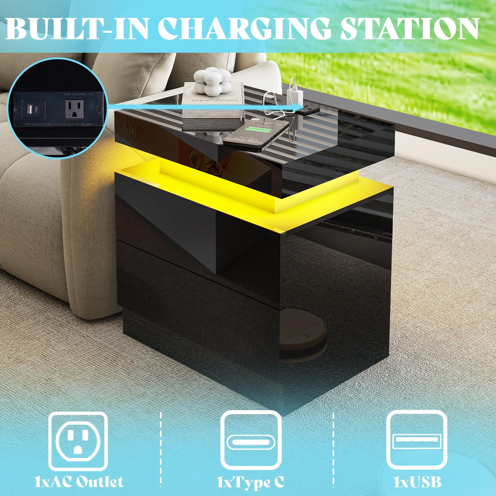 AMERLIFE High Gloss LED Nightstand Set of 2 with Charging Station, Modern Bedside Table Night Stand with LED Lights, Sofa End Side Tables with Drawers for Bedroom, Black