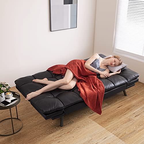 Vyfipt Futon Bed/Couch,Black Faux Leather Memory Foam Small Splitback Convert Backrests&Armrests,Easy to Clean Sofas, 71x33x31.5IN