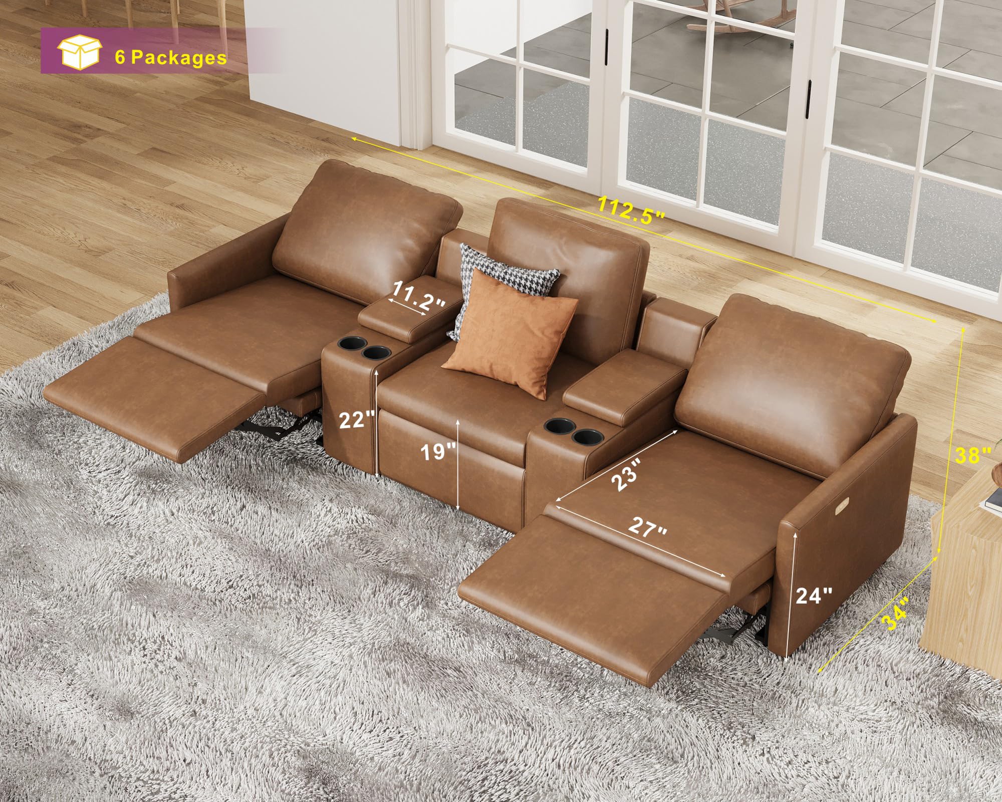 AMERLIFE Power Recliner, Reclining Sectional Sofa with Console& Dual Recliner, 3 Seater Modular Couch with Cup Holder& Charging Port, Leather Recliner Couch for Living Room