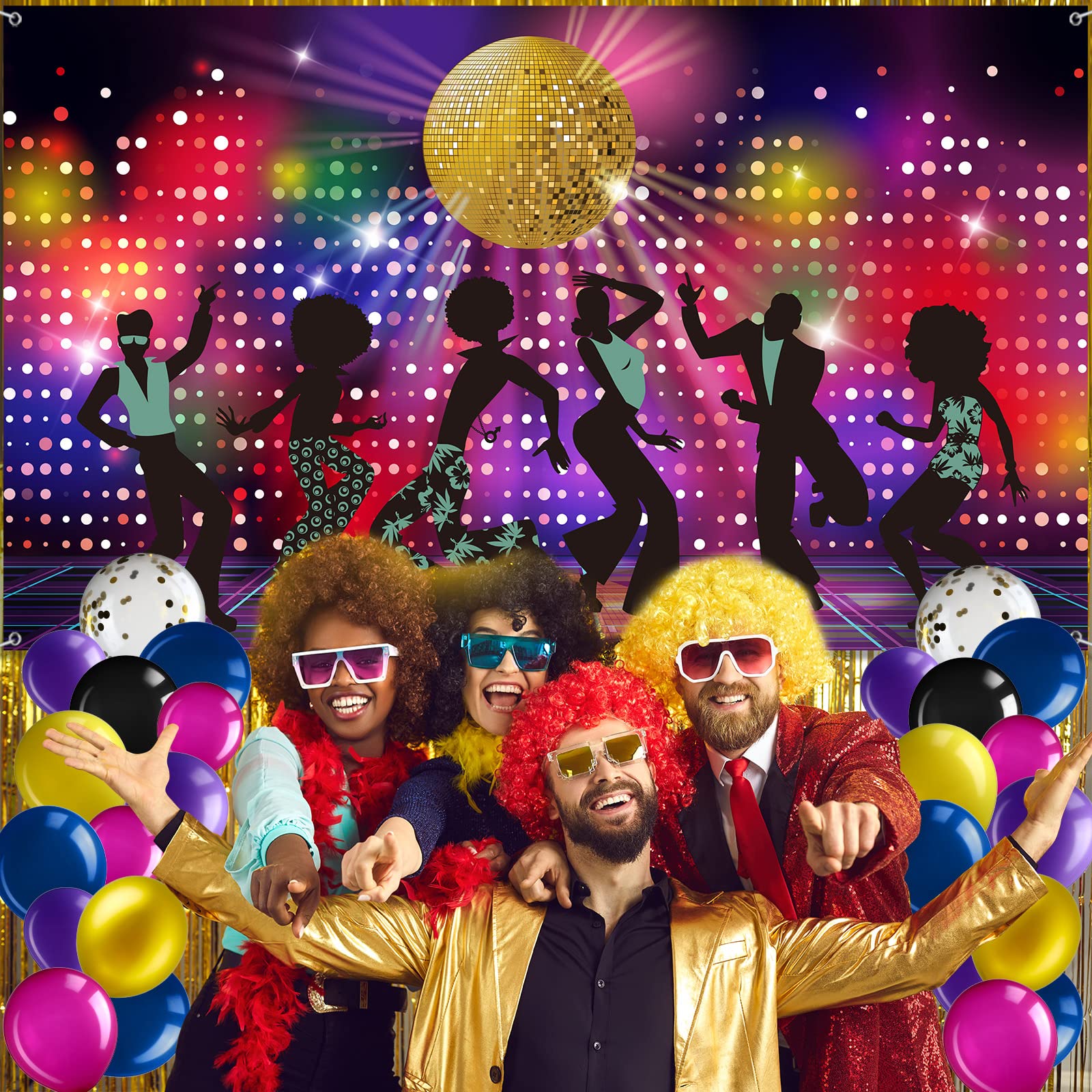 95 Pcs 70s Party Decorations Disco Party Balloons Decoration 70's Party Bundle Includes Inflatable Radio Boombox and Mobile Phone, Disco Plastic Party Backdrop, Tablecloth, Balloons for Hip Hop Party