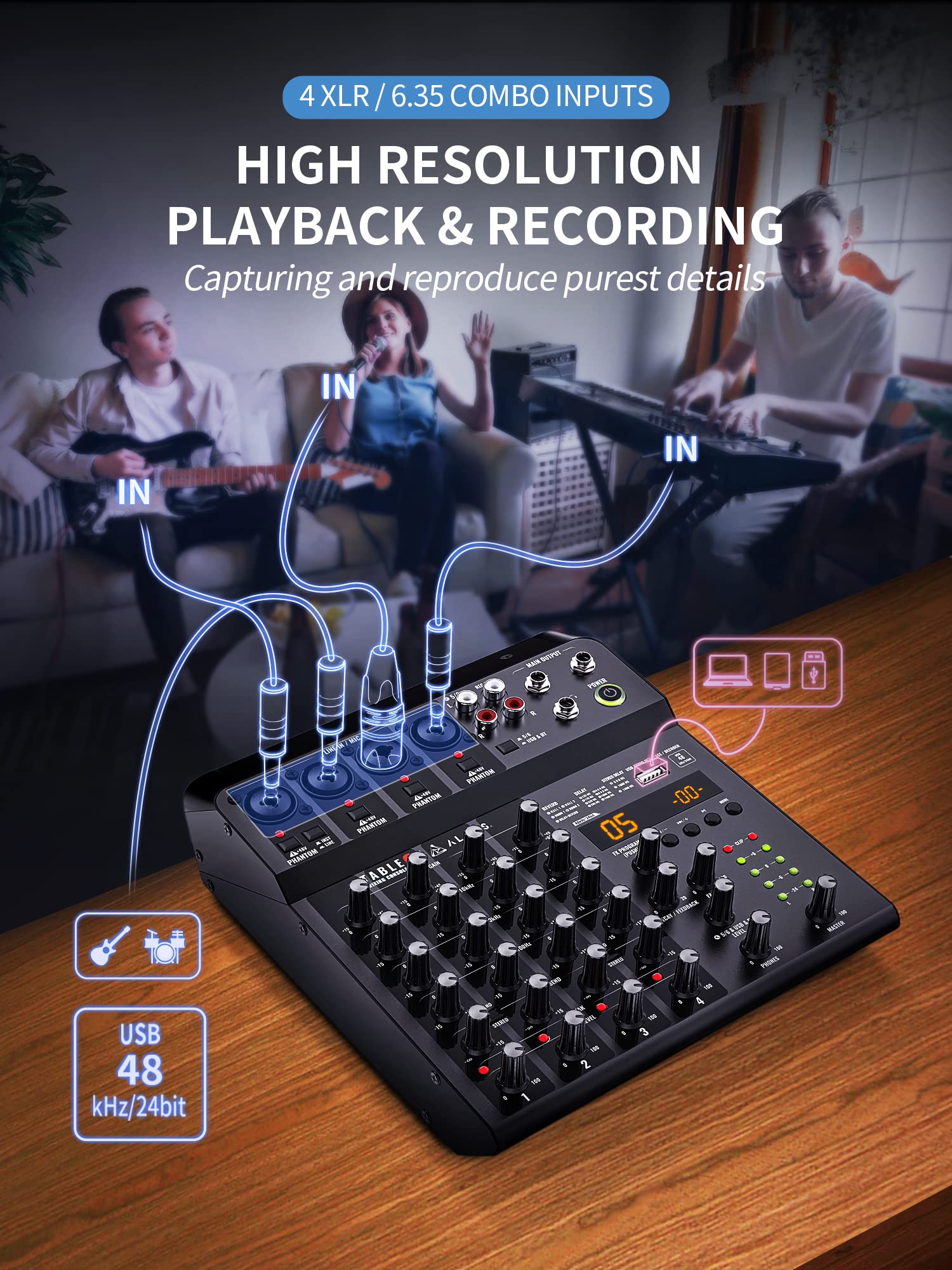 6 Channel Audio Mixer, ALABS DJ Mixer Sound Board for PC, Karoake Mixer Amplifier Mixer Audio, Podcast Mixer, XLR Interface Mixing Console,OP-AMP/Mic Preamps/Phantom/3-band EQ/16 DSP ,TABLE6