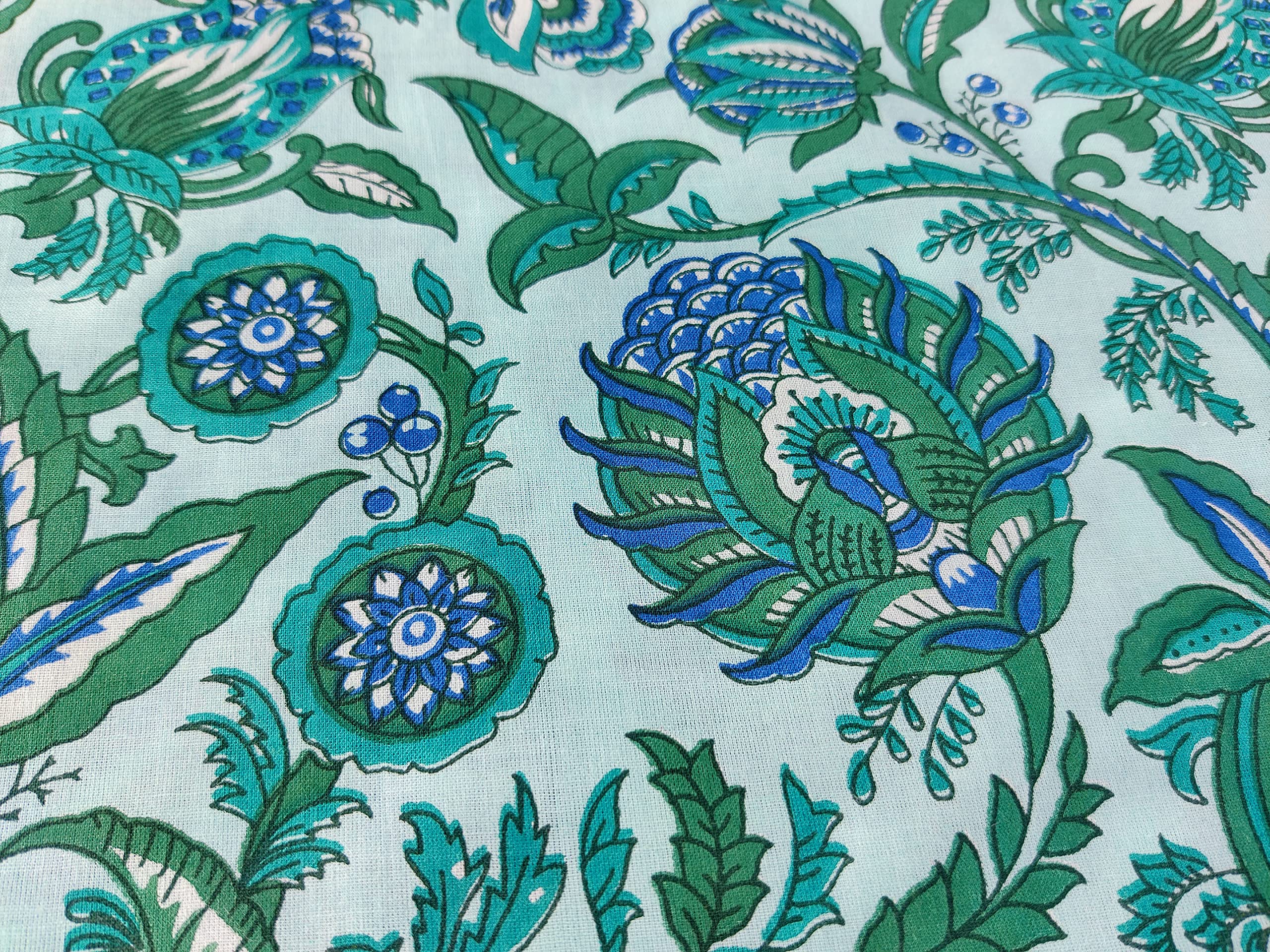 Craftbot Hand Block Print Fabric by The Yard - PRECUT 3 Yards 42 inch Width - 100% Cotton Material - Green Floral Pattern - Light Weight Indian Cloth for Making Kurti Summer Dress Salwar Kameez etc