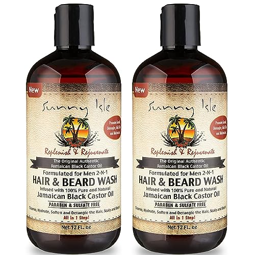 Sunny Isle Jamaican Black Castor Oil 2-N-1 Hair & Beard Wash 12oz (Pack OF 2) | Cleanses, Hydrates, Moisurizes Hair & Skin | Detangles Beard | Paraben & Sulfate FREE