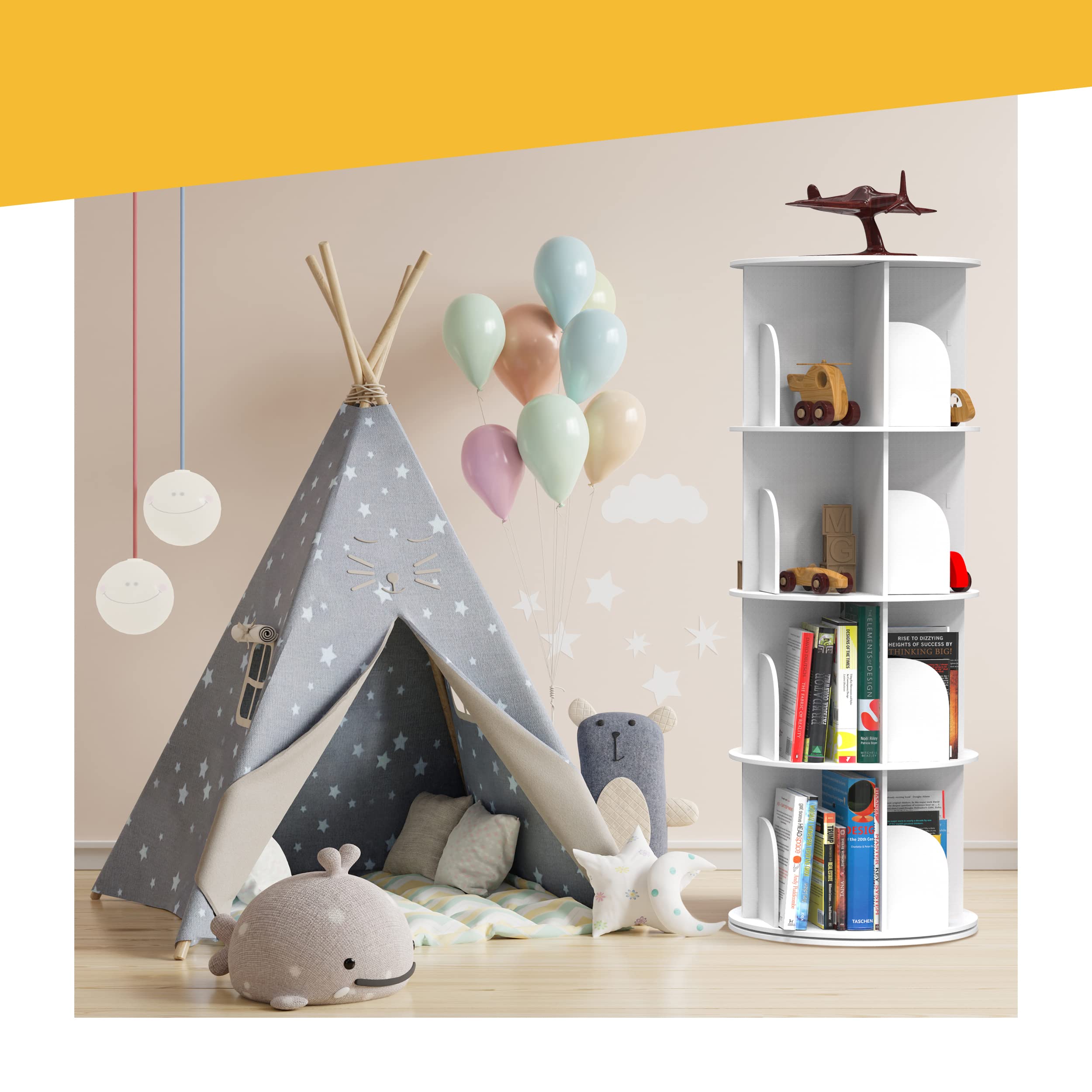Rotating Bookshelf, Revolving Bookcase, Spinning Book Shelf, 4 Tier, 18.2β W x 50.6β H, White, Wood, 360 Degrees Bookshelves, Floor Stand, Rotation Display Tower, Stackable, Round, for Kids, Children