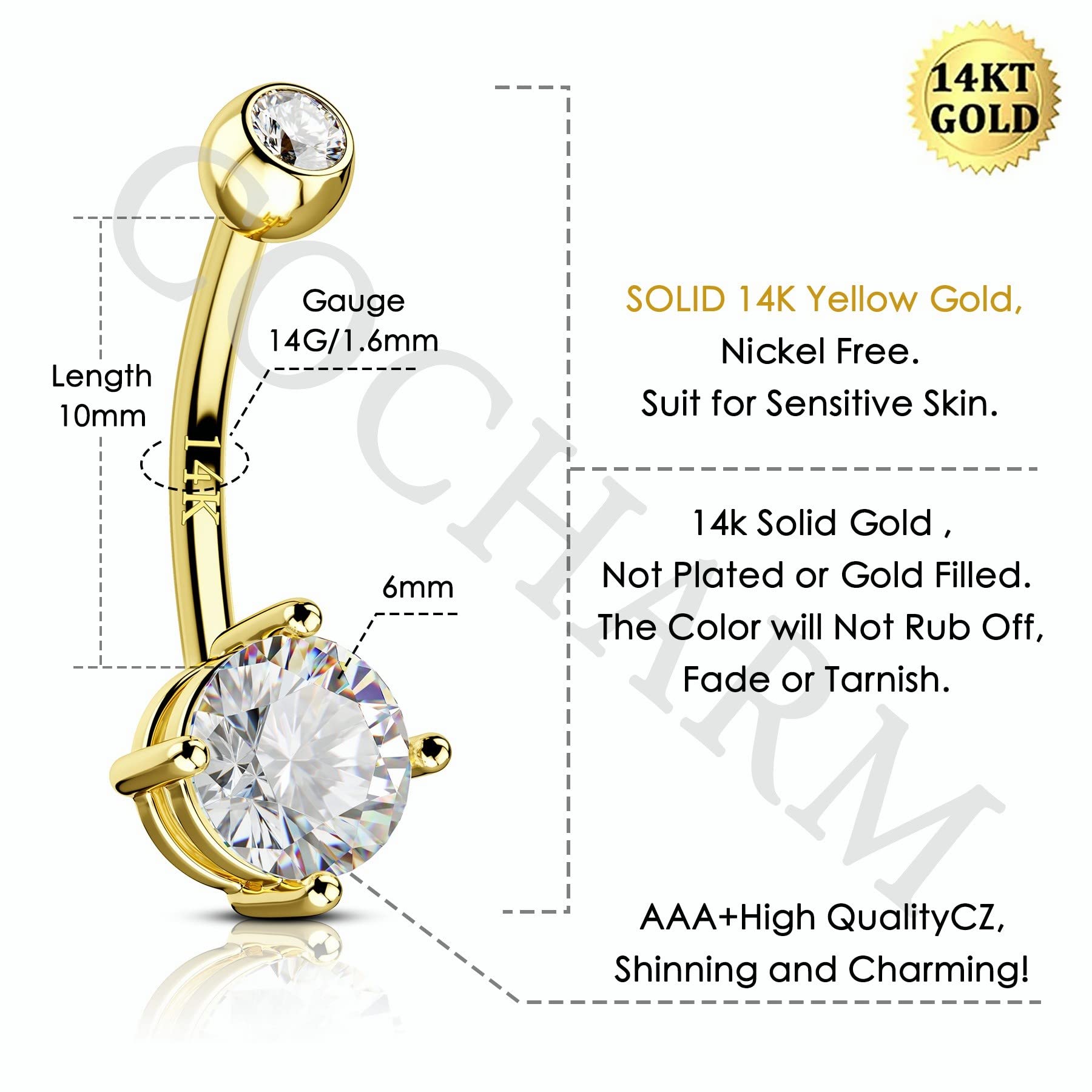 COCHARM 14K Solid Gold Belly Button Rings for Women Yellow Gold Belly Rings 14k Gold Cute Clear CZ Belly Navel Piercing Jewelry