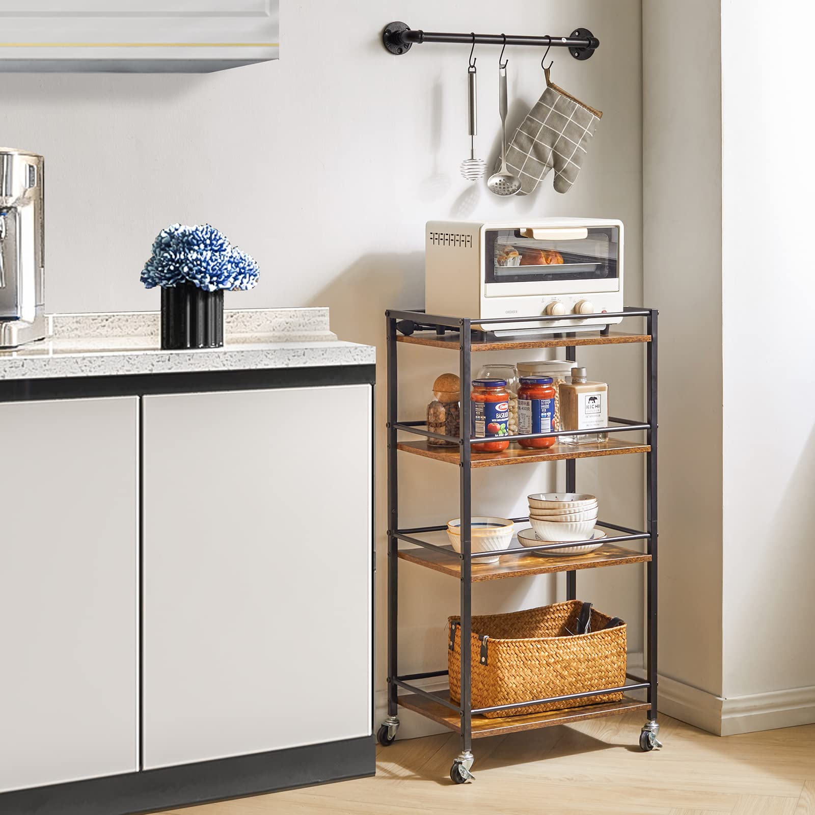 IBUYKE Industrial Bar Carts, Kitchen Storage Serving Cart, Mobile Kitchen Shelf,4 Tier Storage Cart for Bath, Kitchen, Bedroom, Living Room Rustic Brown and Black TMJ419H