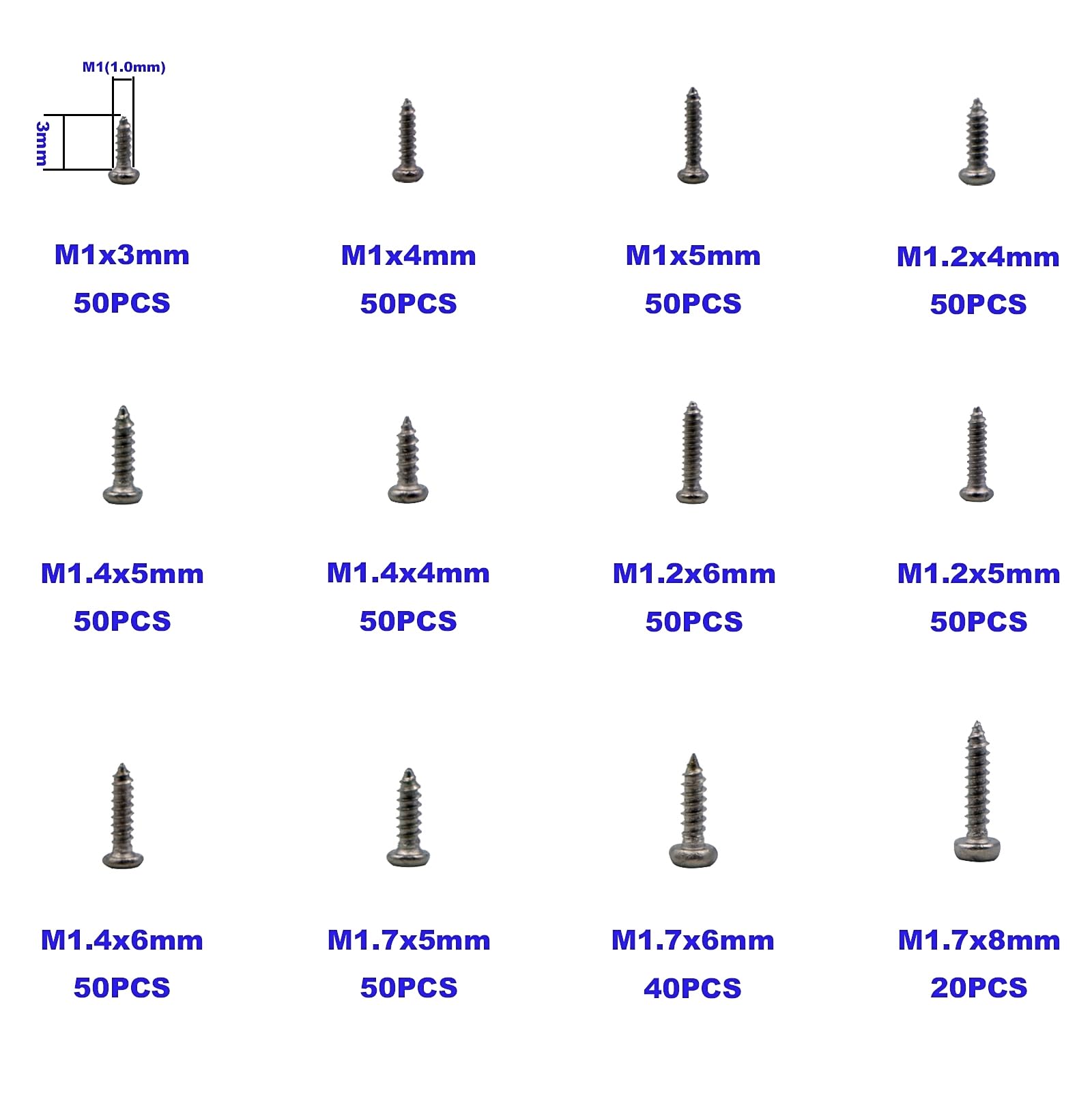 HVAZI 12 Kinds M1 M1.2 M1.4 M1.7 304 Stainless Steel Phillips Rounded Head Small Self Tapping Screws Assortment Kit