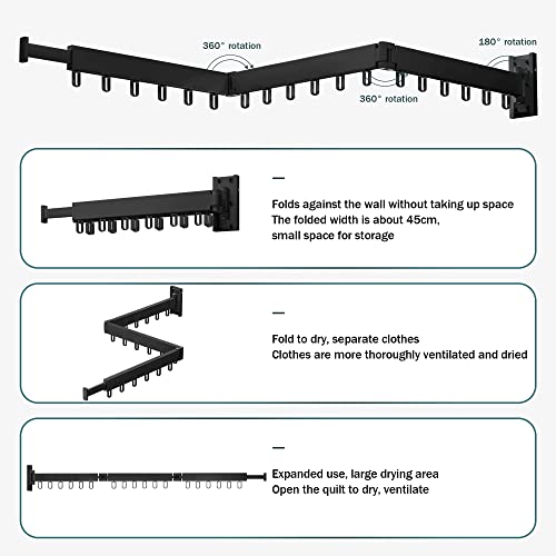 BOQORAD Aluminum Clothes Drying Rack,Wall Mounted Space-Saver,Retractable,Collapsible, Strong Load-Bearing,for Balcony,Laundry,Wardrobe,Kitchen,Parlour,Bathroom,Bedroom（Windproof Ring, Three Pole）