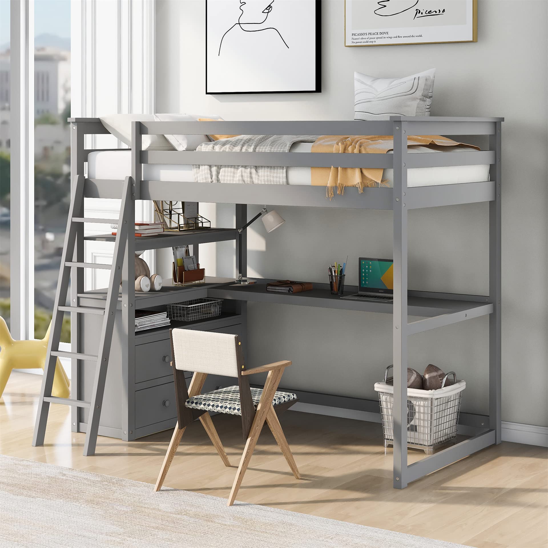 Twin Size Loft Bed with Desk and Drawers, Wood Twin Loft Bed with Storage Shelves, Angled Ladder and Wood Slat Support, High Loft Bed for Kids, Teens, Adults Boys & Girls, Gray