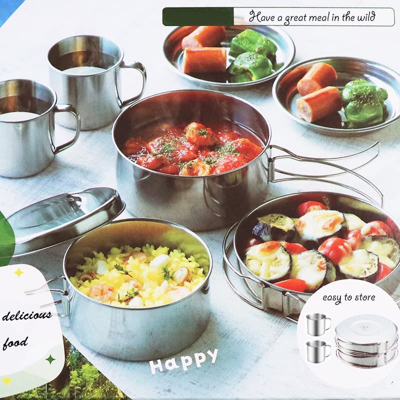8PCS Camping Cookware Mess Kit for Camping 2 Person Stainless Steel Compact Camping Cooking Set Lightweight Backpacking Cook Set for Camping&Hiking