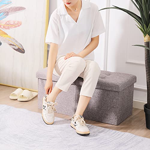 CUYOCA Storage Ottoman Bench Foldable Seat Footrest Shoe Bench End of Bed Storage with Flipping Lid, 75L Storage Space, 30 inches Linen Fabric Grey