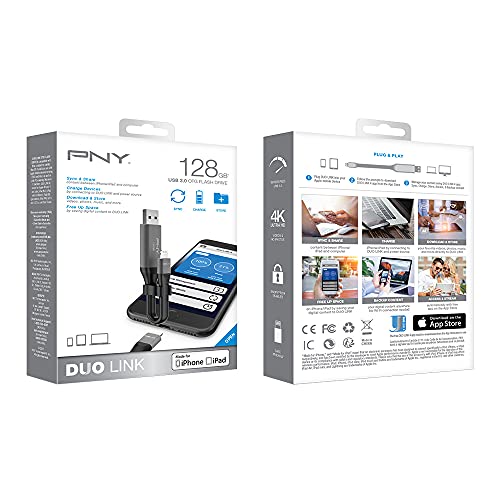 PNY P-FDI128LA02GC-RB 128GB Duo Link iOS USB 3.0 OTG Flash Drive for iPhone & iPad and Computers - External Mobile Storage for Photos, Videos, and More, Metal Gray