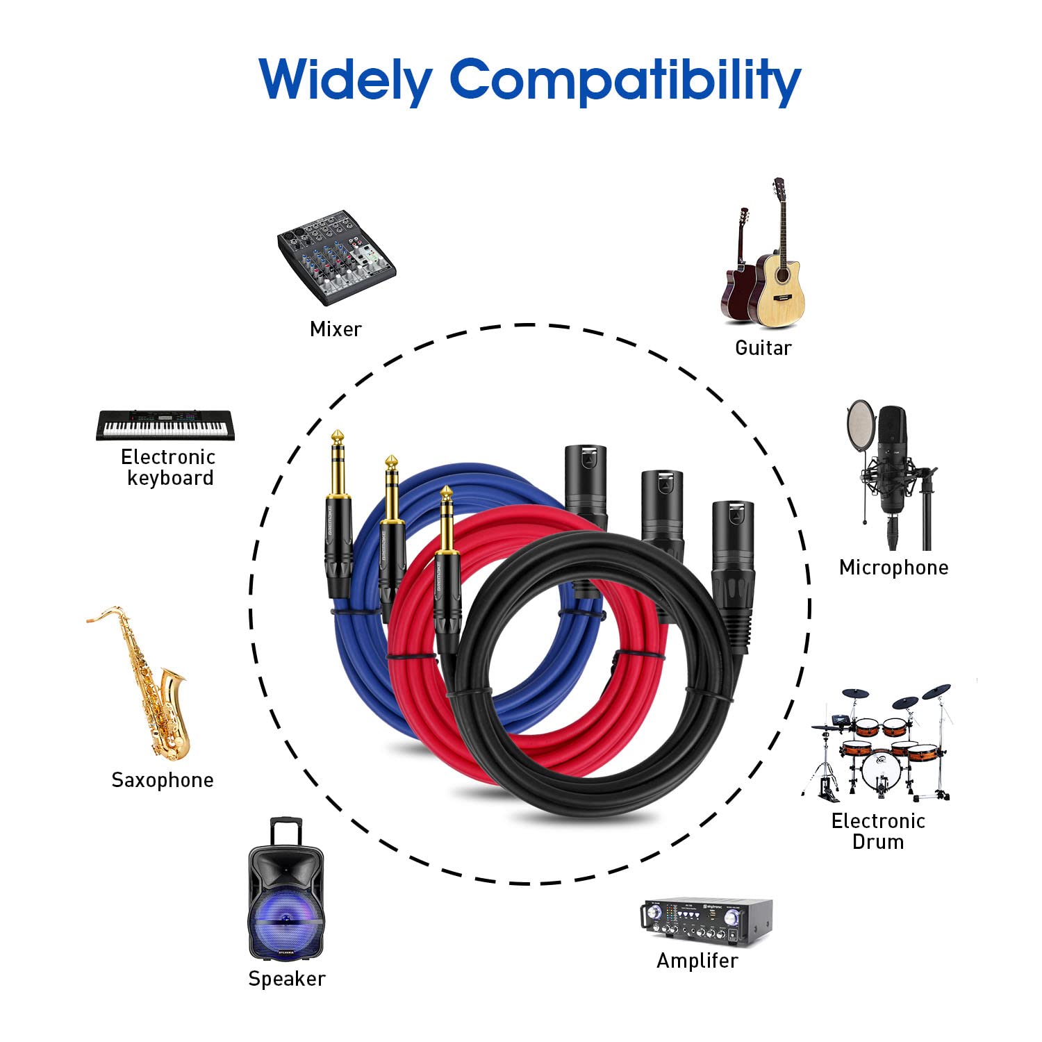 DREMAKE XLR Male to 1/4 Inch 6.35mm/6.5mm TRS Plug Balanced Interconnect Cable 3 Pack, 6 Foot XLR to Quarter inch Mic Cable for Mixing Console, AMP, Speaker System, Power Amplifier