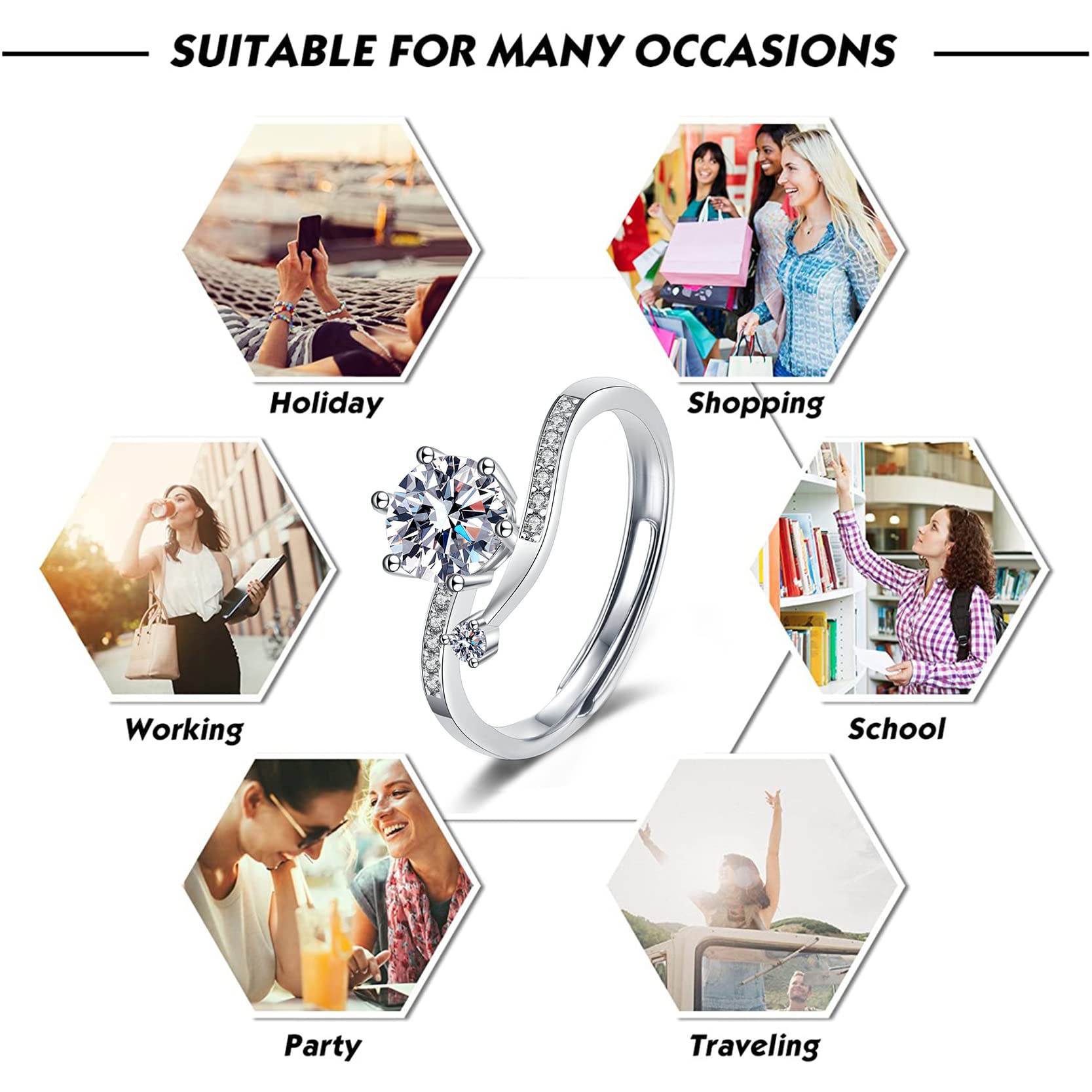 925 Sterling Silver Rings for Women, 1ct Moissanite Rhinestones Open Adjustable Engagement Ring, Rings with GRA Certificate (1 Carat)