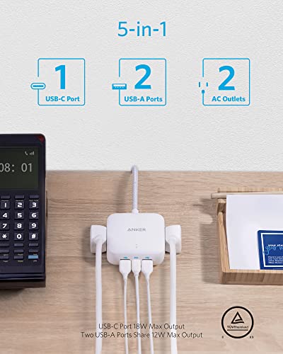 Anker Power Strip with USB C, 30W PowerPort Strip PD 2 Mini with 2 Outlets & 3 USB (18W USB C), 5 ft Cord, Flat Plug, high-Speed Charge to Phones, Tablets, for Hotel, Dorm Room, Cruise Ship and Home