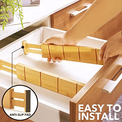 SAUStrongBe Adjustable Bamboo drawer dividers with 4 dividers,6 inserts, Spring Loaded adjustable drawer organizer, Expandable Organization for Home, Office, Dressers and Bathroom (17- 22 in)
