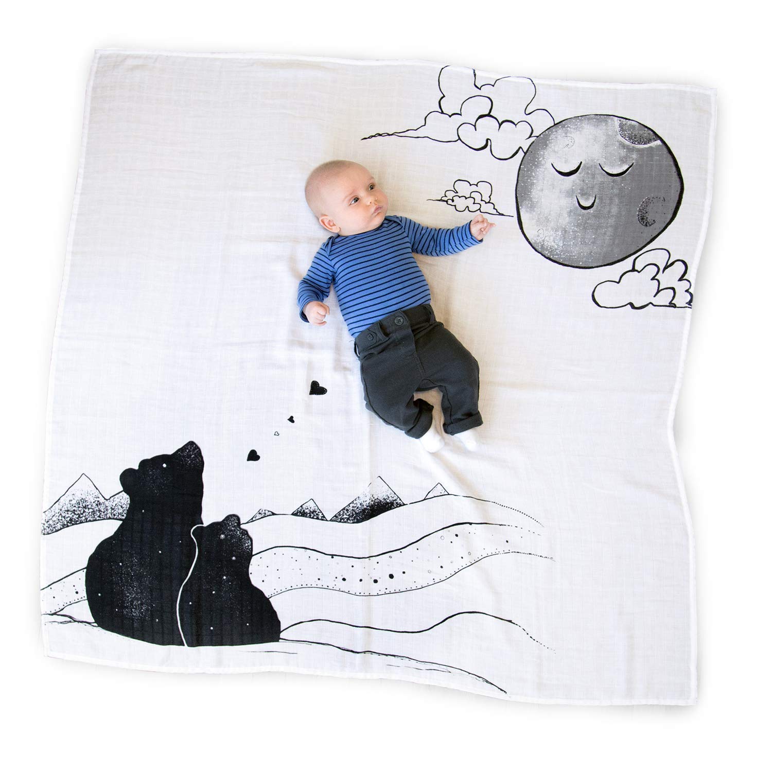 JumpOff Jo - Baby Blanket Swaddle, Hypoallergenic, 100% Cotton Baby Muslin Blanket with Original Storytelling Designs - 47" in. x 47" in. - Mama Bear Black