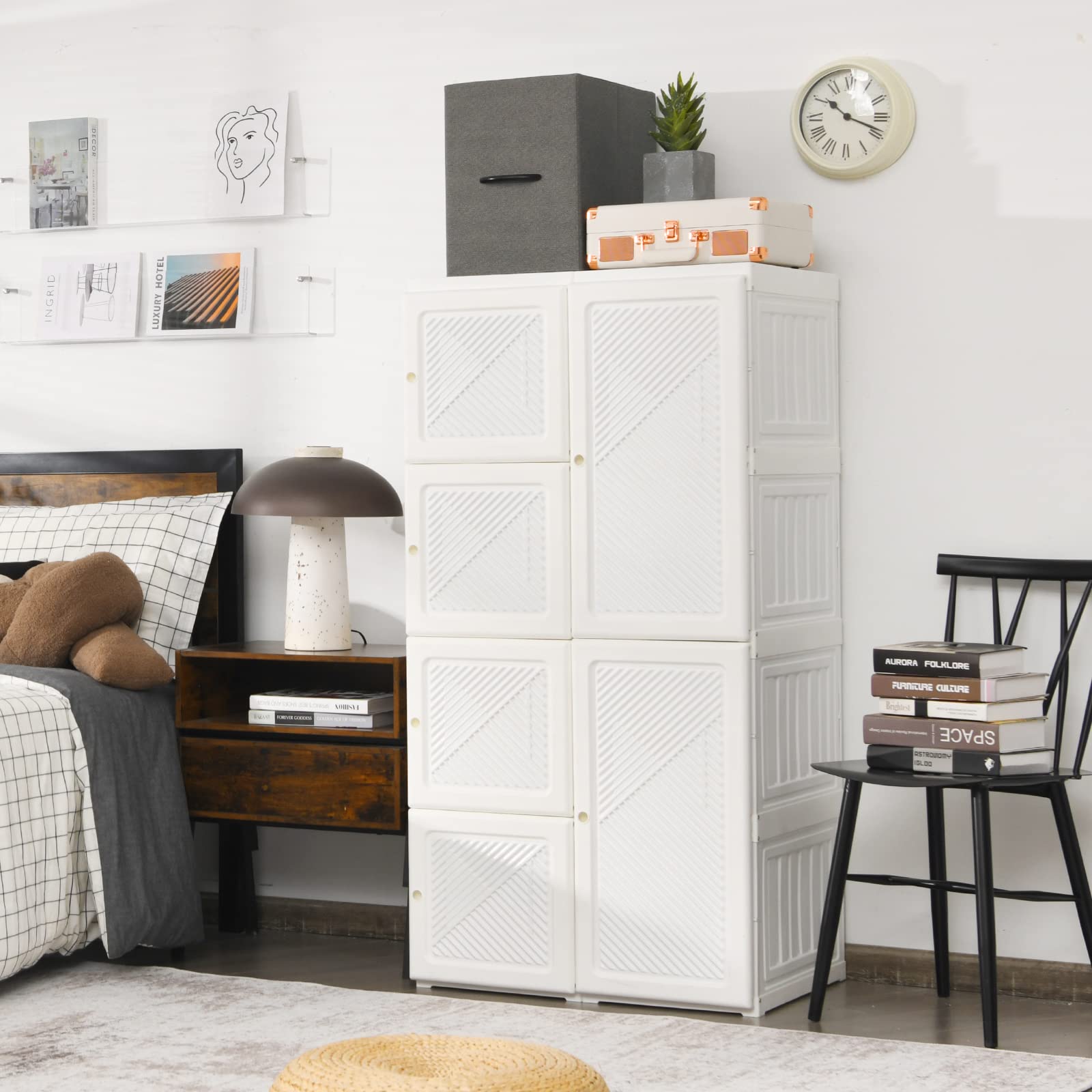 Tangkula Portable Closet Wardrobe, Foldable Clothes Organizer with Cubby Storage, Hanging Rods, Easy Assemble Clothing Storage with Magnet Doors, Folding Bedroom Armoire (8 Cubbies)