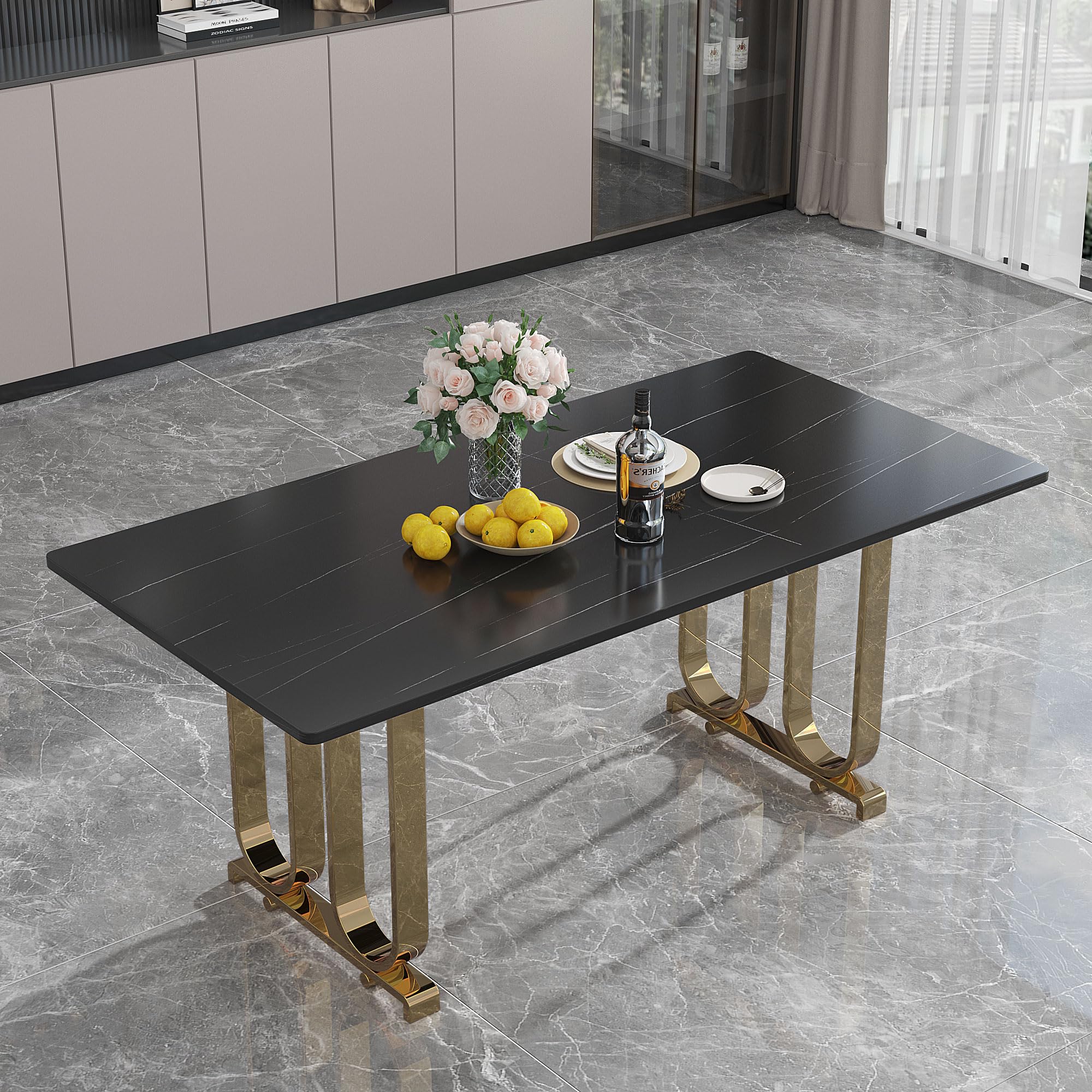 71 Inch Modern Black Dining Table Kitchen Table with Brushed Brass Metal Legs, Lauren Gold&Black Top Wood Dining Room Table for 8, Rectangle Contemporary Dining Table for 6