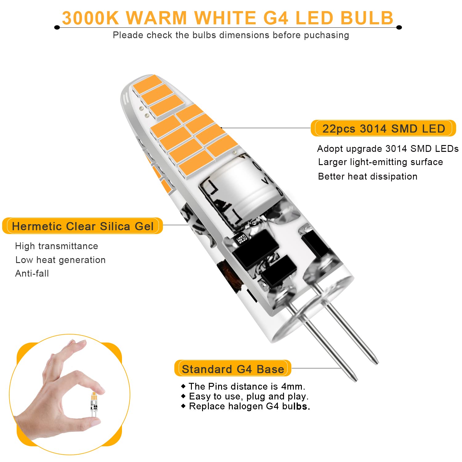 AGOTD G4 LED Bulb, 2W 12V G4 Bi Pin Bulb, G4 20W Halogen Bulb Replacement, Warm White 3000K,No-Flicker, Chandelier Lighting/Landscape Lighting/Microwave Lighting(6 Pack)
