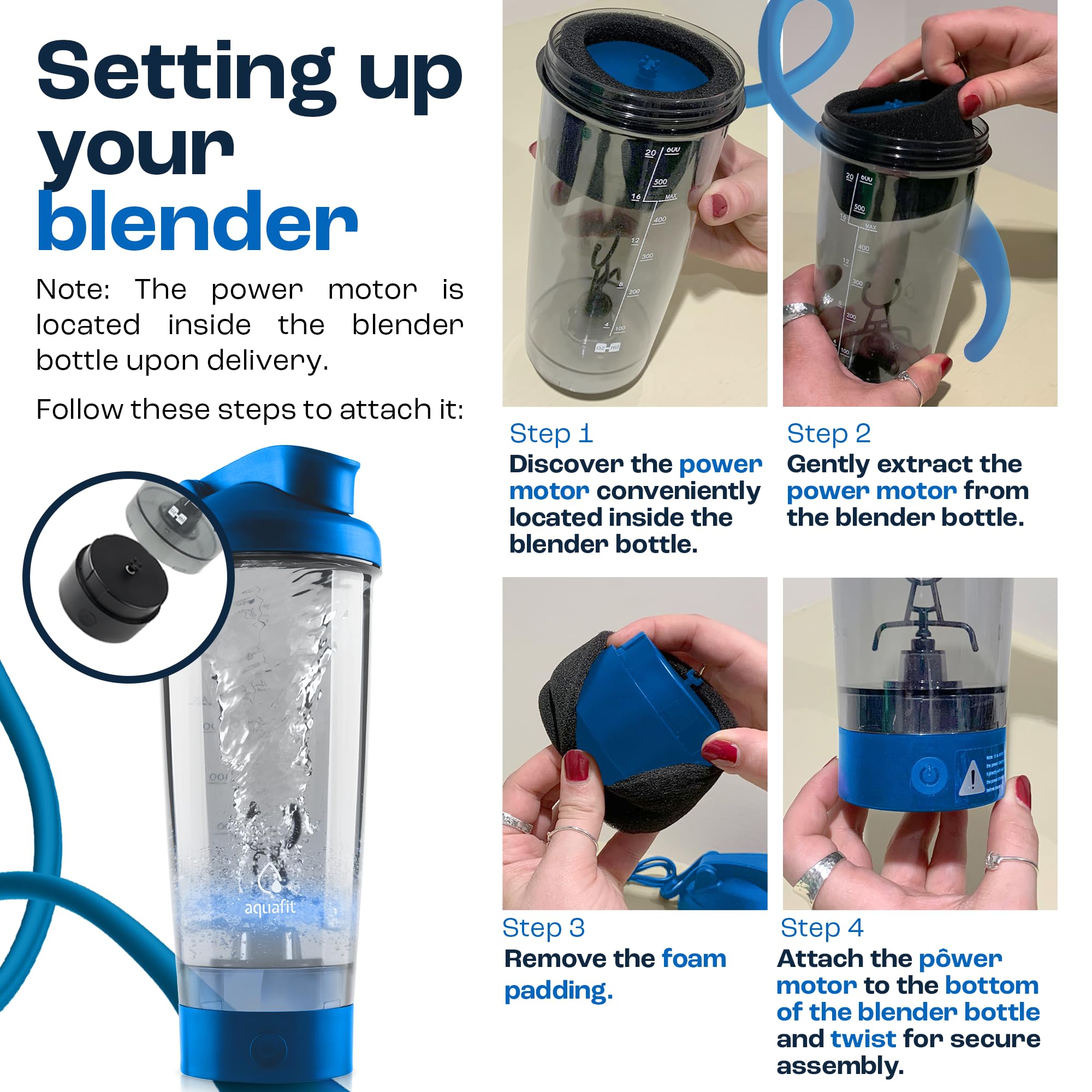 AQUAFIT Electric Protein Shaker Bottle - USB Rechargeable Shaker Bottles 24oz Shaker Bottles for Protein Mixes, Protein Mixer, Gym Accessories, Gadgets for Men (Blue)