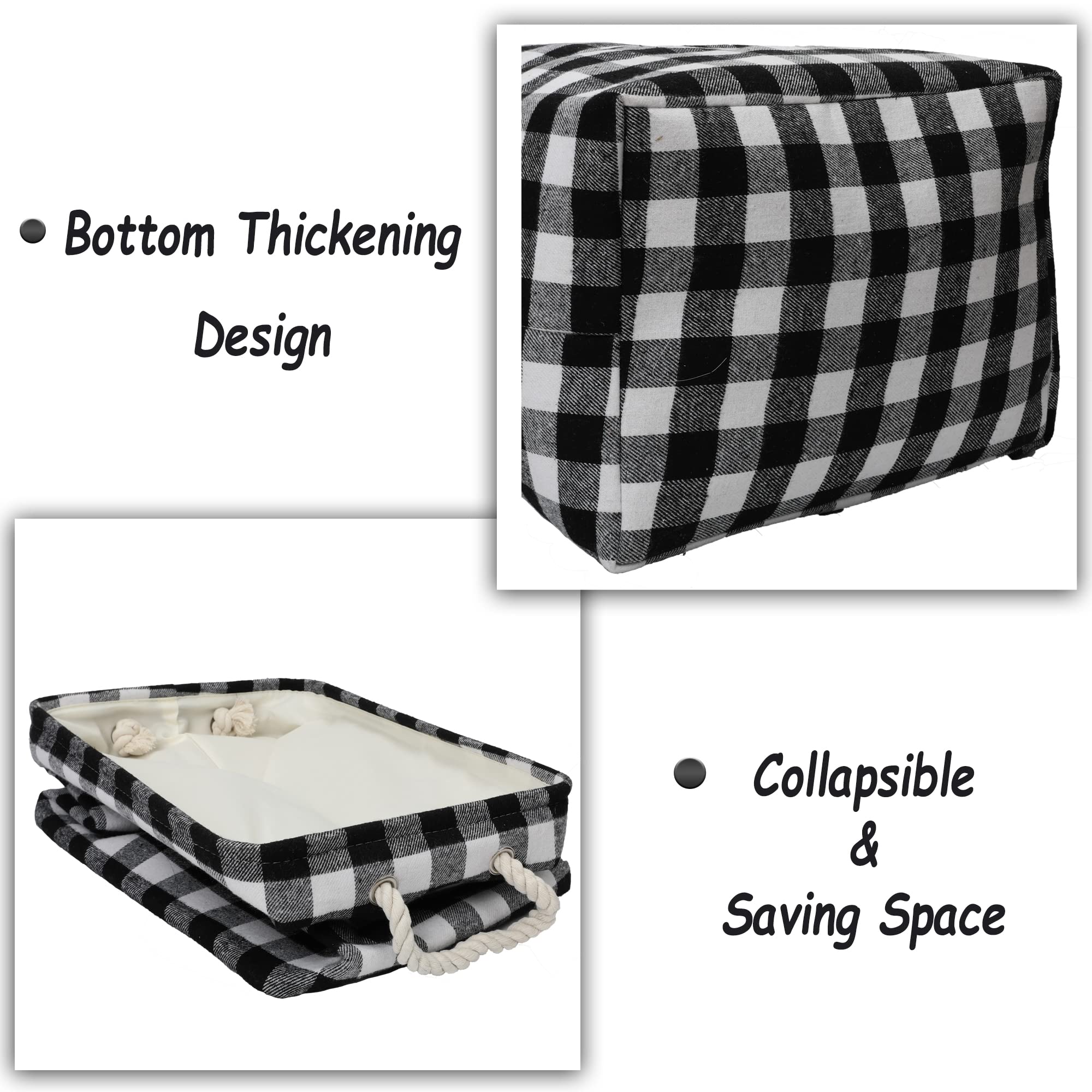 Large Rectangular Decorative Storage Bins Foldable Laundry Hamper Baskets Buffalo Grid Pattern with Rope Handles for Blankets, Toys, Nursery, White Black Grid, L