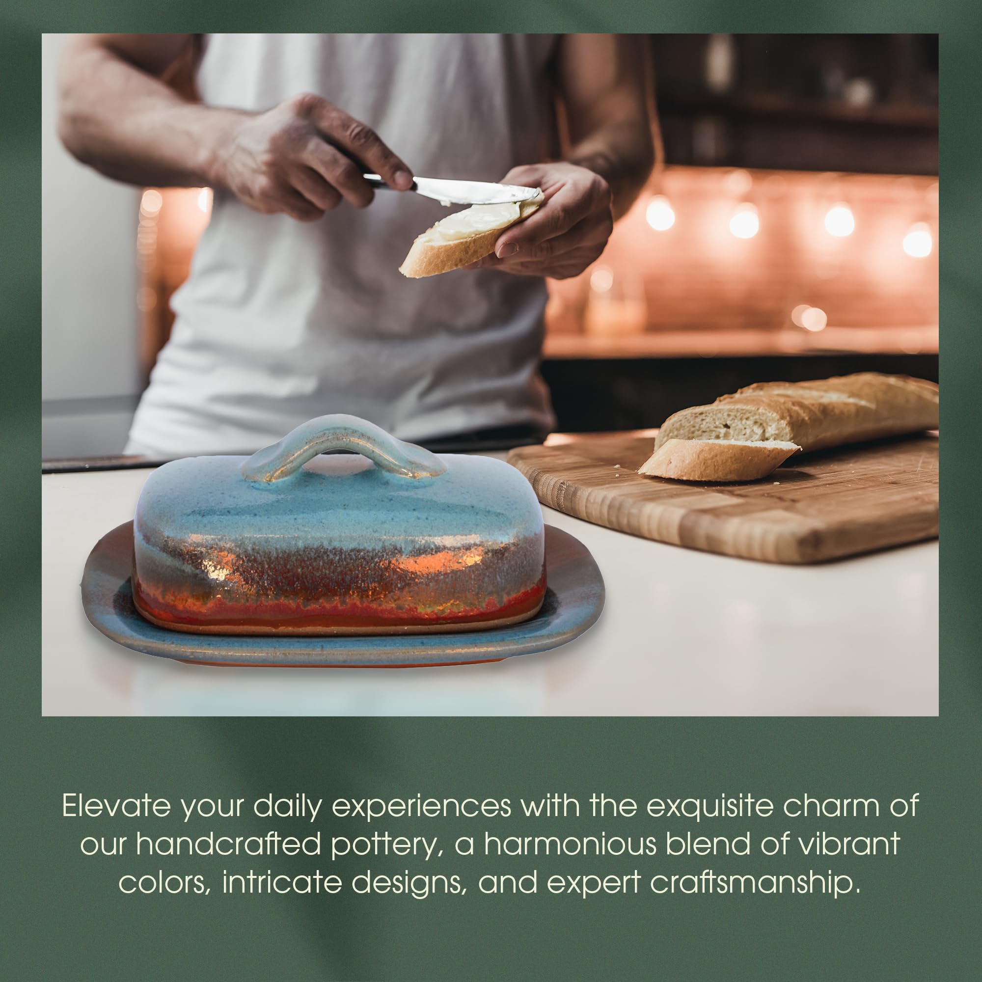 ALWAYS AZUL POTTERY 7.5 Inch by 4 Inch Butter Dish in Wild Horses design and Azulscape Glaze - Handmade Pottery -Decorative Stoneware Butter Dish Dispenser -Countertop Covered Butter Storage Container