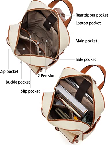BOSTANTEN Leather Laptop Backpack for Women 15.6 inch Computer Bag Stylish College Daypack Travel Bag Off-white with Brown