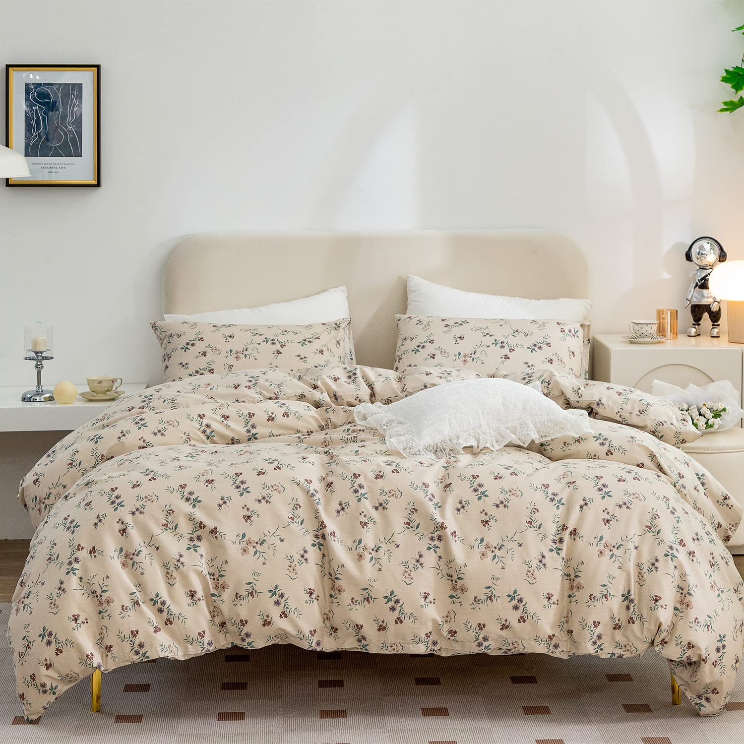 BUPIRD Floral Duvet Queen Set, 100% Brushed Microfiber 3 Pieces Queen Floral Bedding Sets, Vintage Floral Garden Style Floral Pattern Queen Duvet Cover Set Floral with Zipper Closure (Floral, Queen)