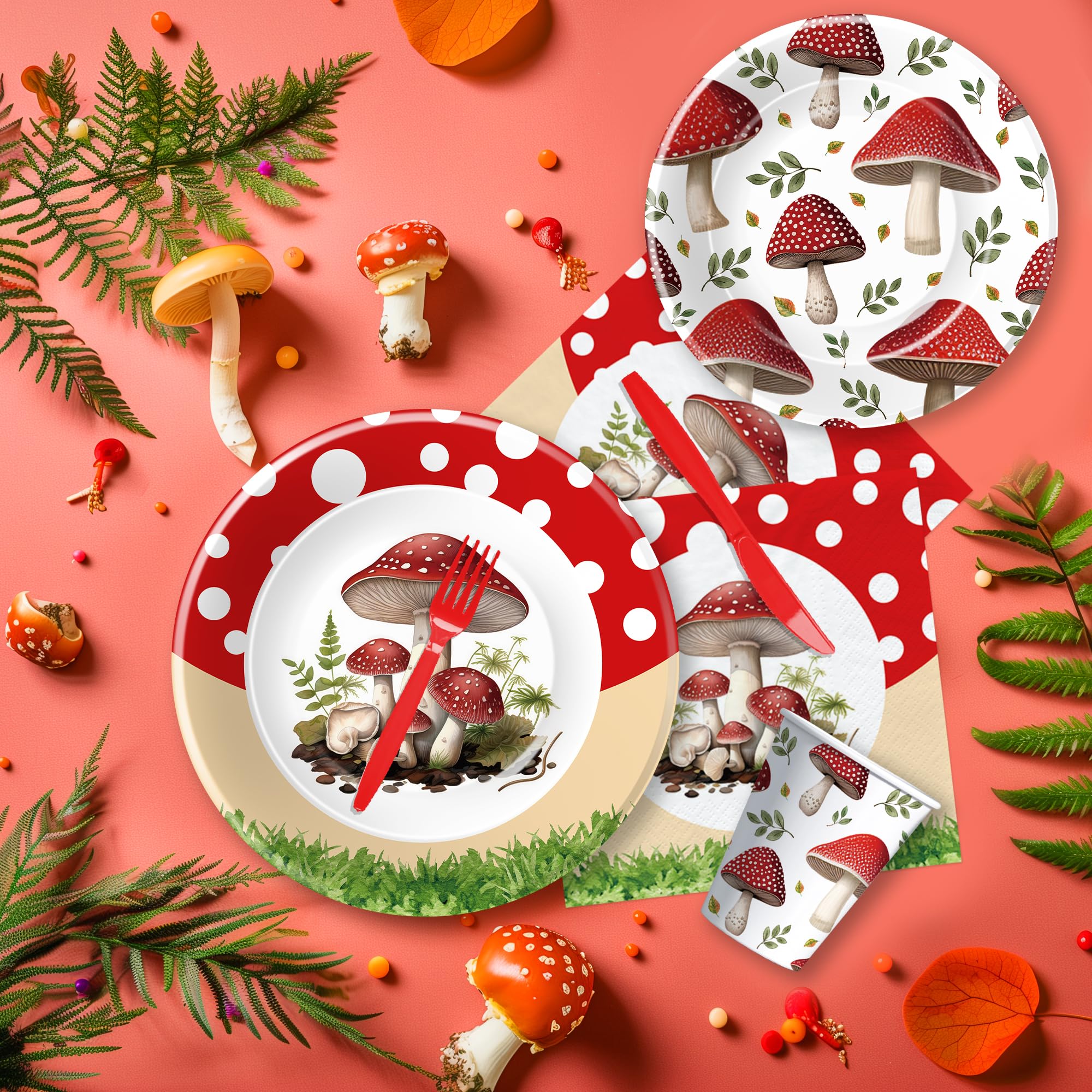 APOWBLS Mushroom Party Decorations Tableware, Mushroom Birthday Party Supplies, Paper Plate, Cup, Napkin, Disposable Cutlery, Tablecloth, Straws, Mushroom Baby Shower Decorations Dinnerware | Serve 24