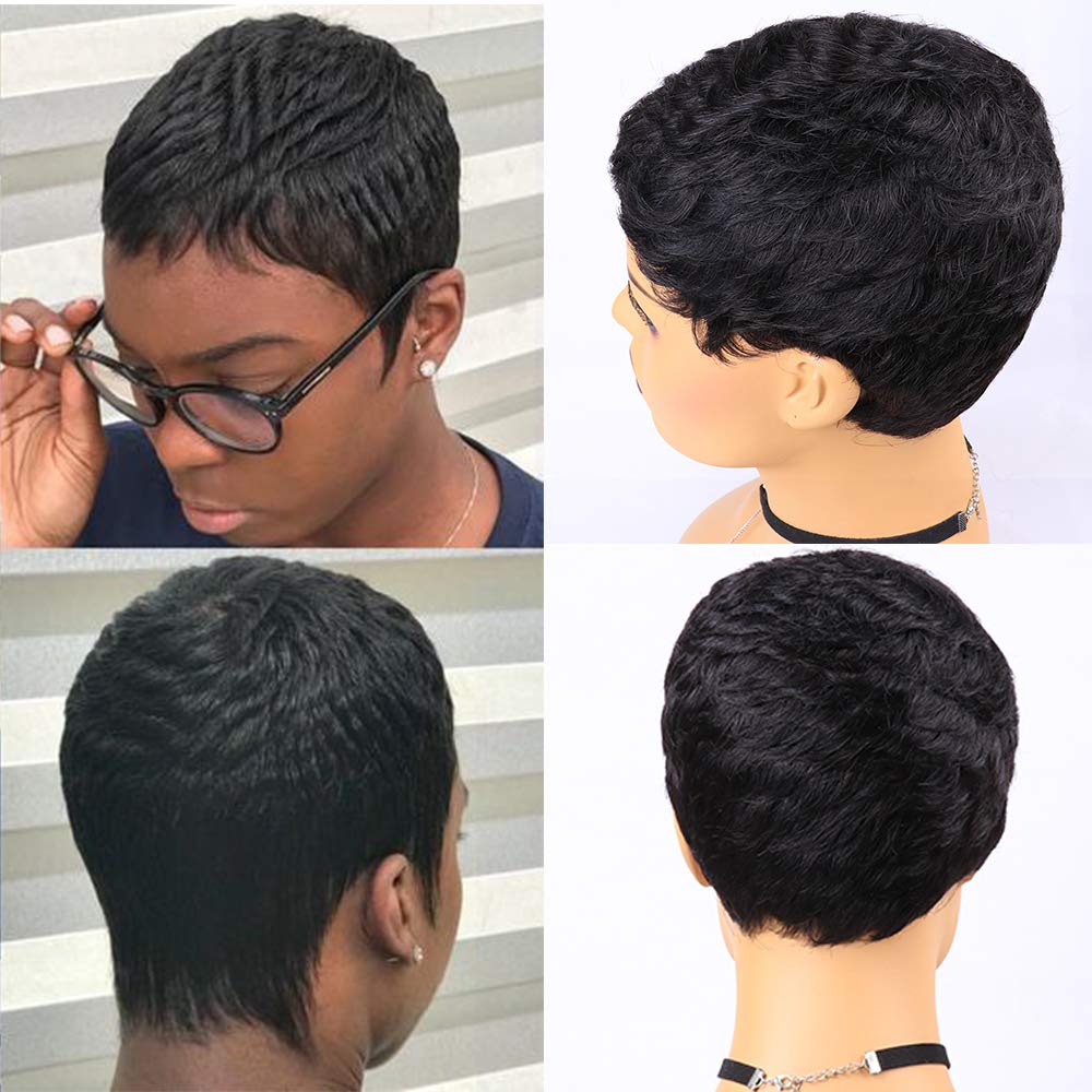 VRVogue Pixie Wigs Short Black Wavy Layered Short Human Hair Wigs for Black Women (1B#)