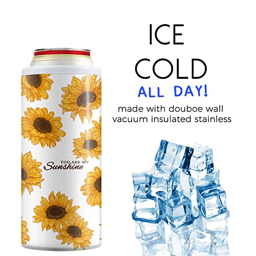 Slim Can Cooler Insulated Skinny Stainless Steel Doucle Freezable Can Cooler Sleeve Hard Seltzer 12 oz Slim Cans (Sunflower)